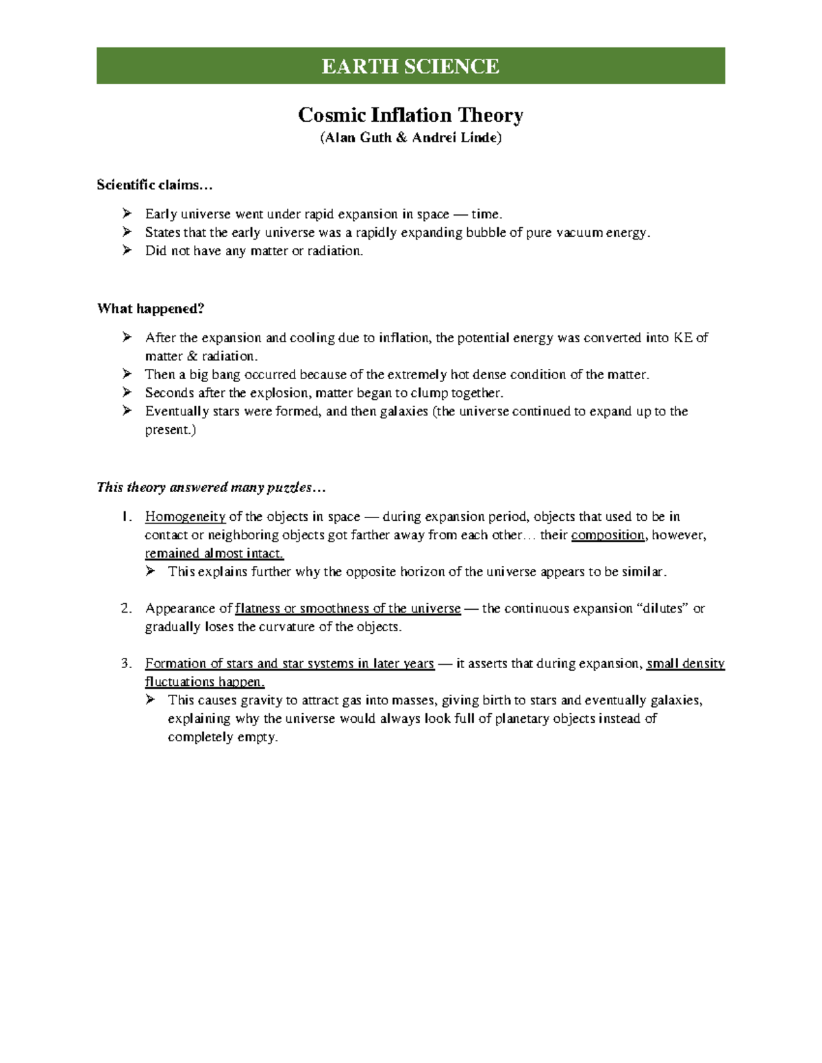 Cosmic Inflation Theory Class Notes - EARTH SCIENCE Cosmic Inflation ...