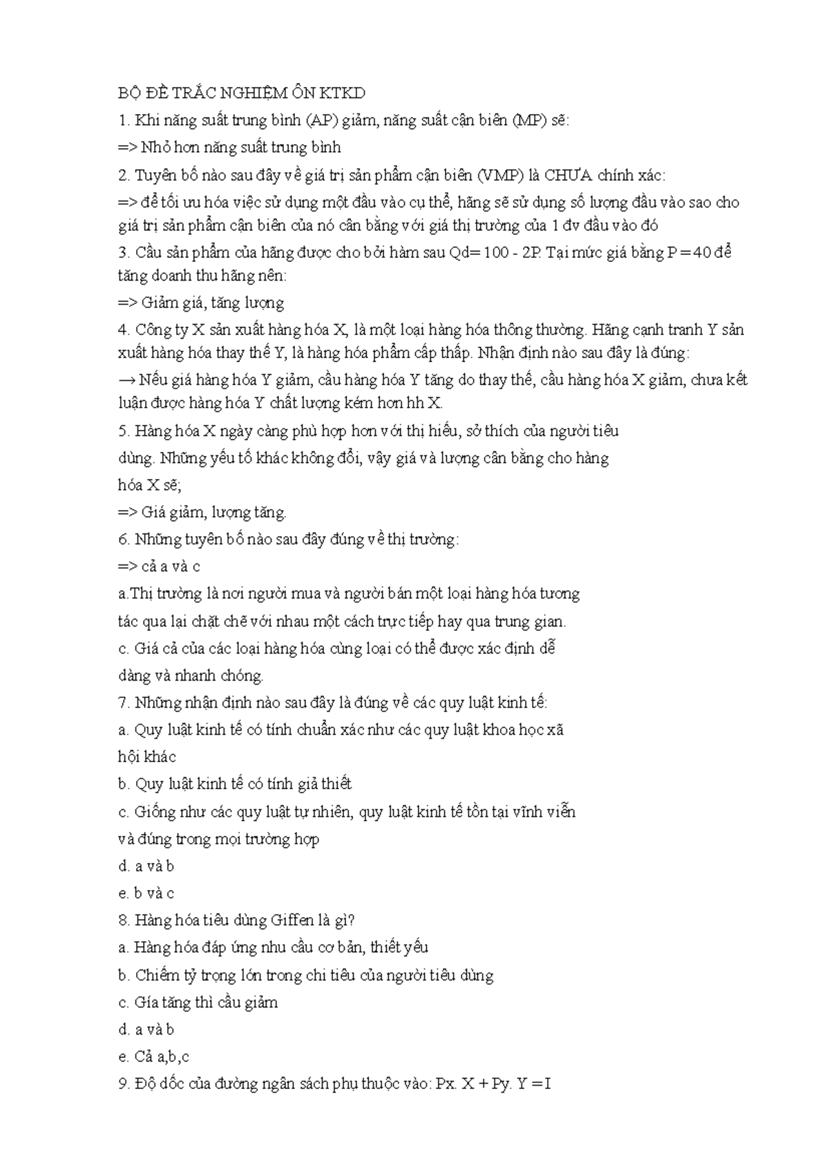 BỘ ĐỀ TRẮC NGHIỆM ÔN KTKD - BỘ ĐỀ TRẮC NGHIỆM ÔN KTKD Khi năng suất ...