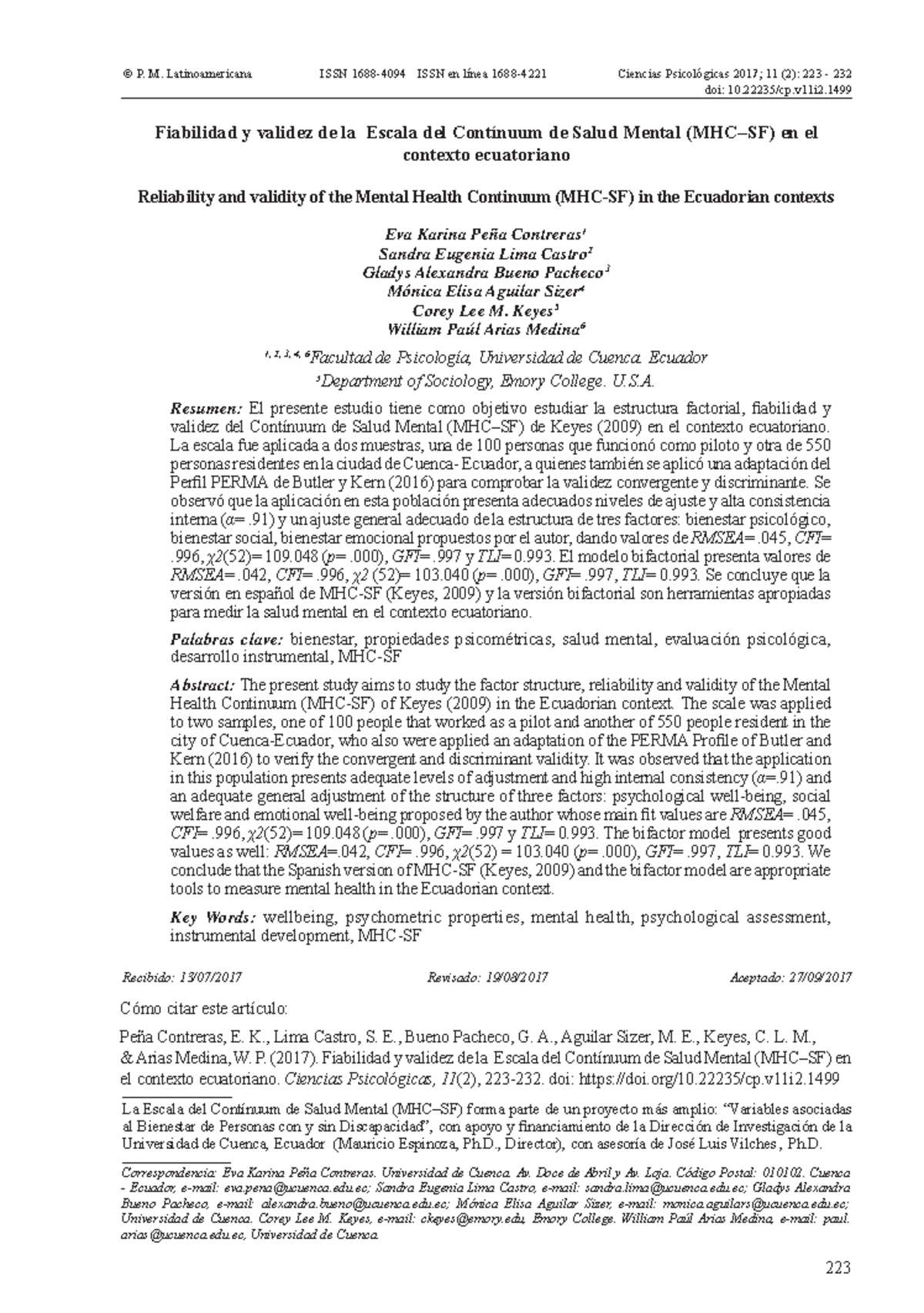 escala Salud Mental - Fiabilidad y validez de la Escala del Contínuum ...