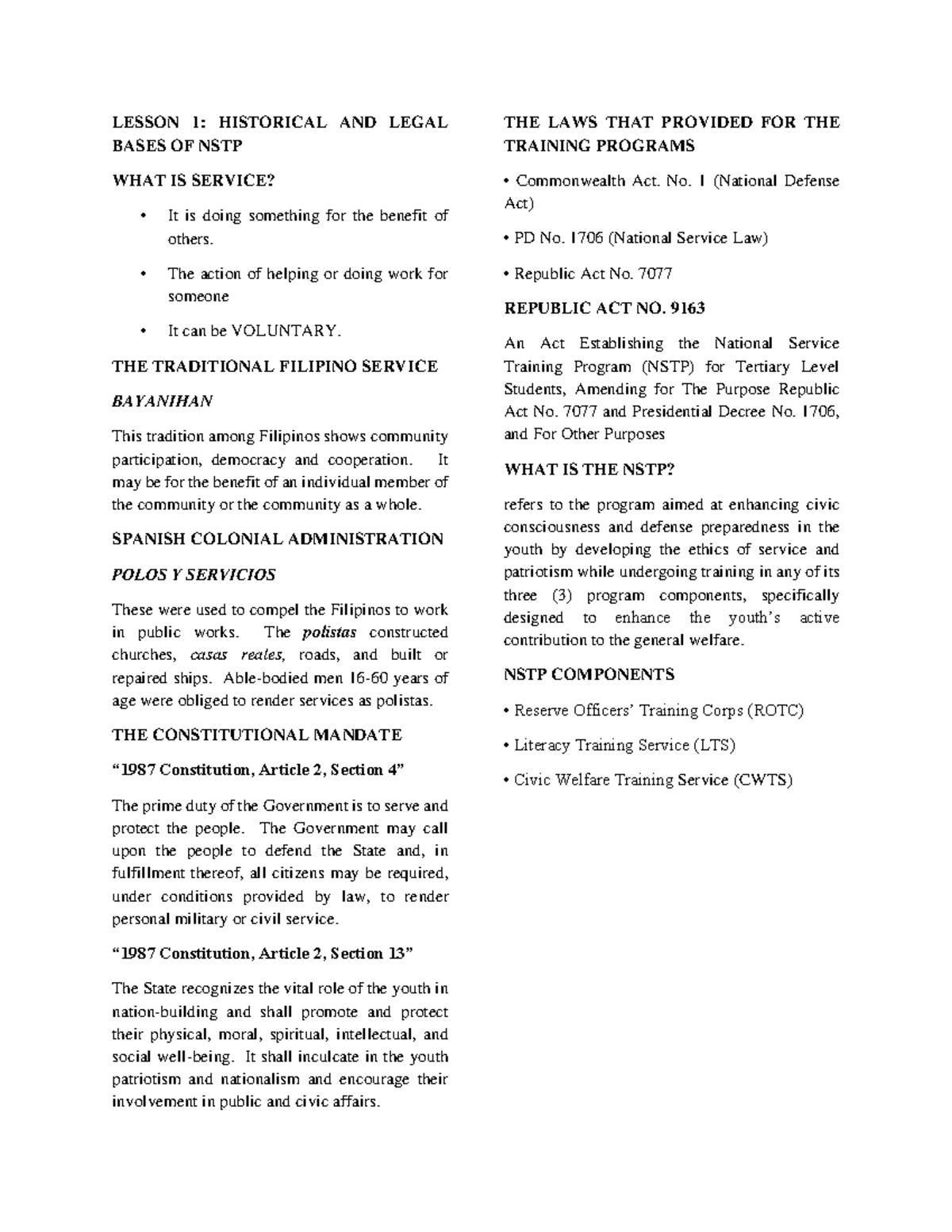 NSTP - Lesson 1-17 - nstp - LESSON 1: HISTORICAL AND LEGAL BASES OF ...