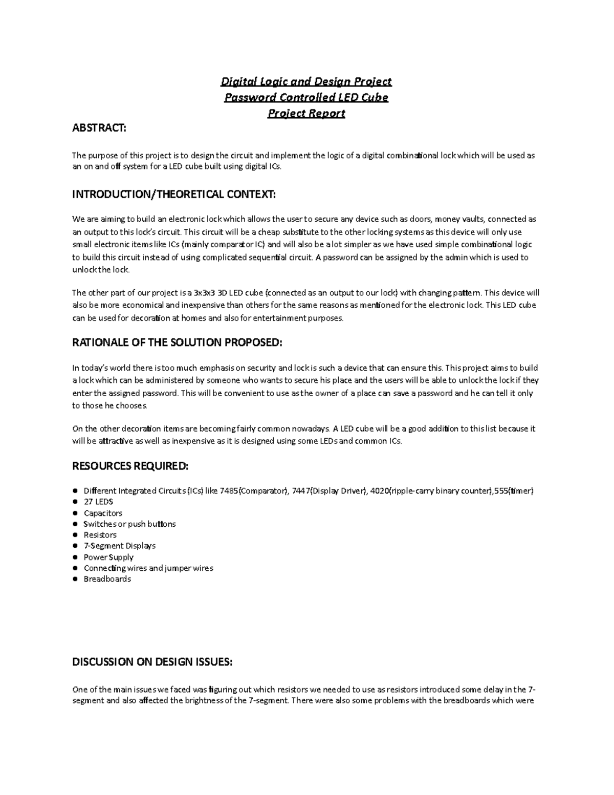 Lab Project Report Digital Logic And Design Project Password Controlled Led Cube Project