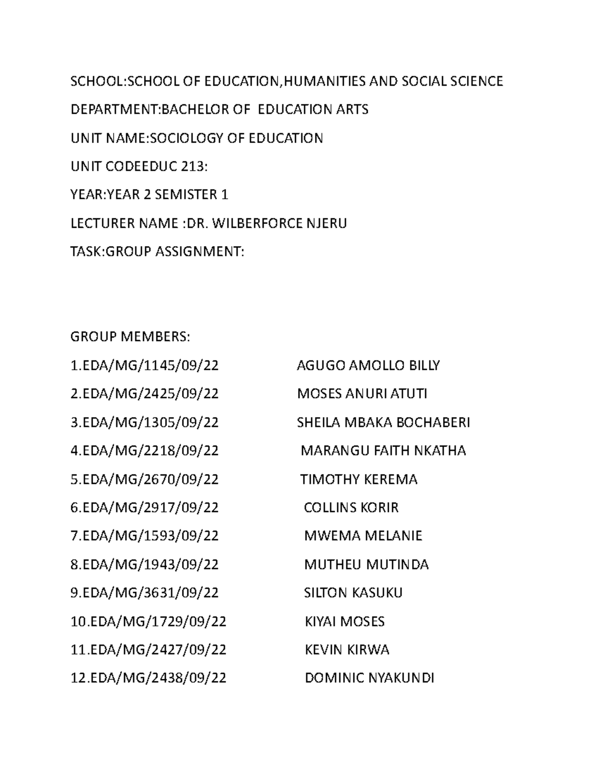 EDUC 213 Group Assignment - SCHOOL:SCHOOL OF EDUCATION,HUMANITIES AND ...