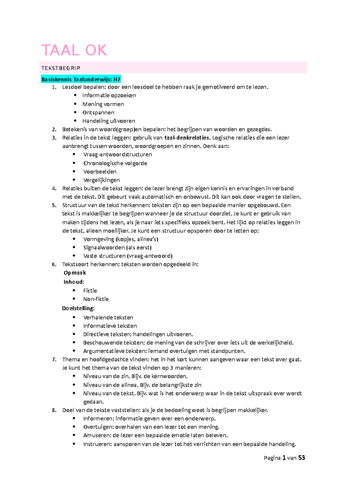 Samenvatting Taal OK - TAAL OK TEKSTBEGRIP Basiskennis Taalonderwijs: H ...