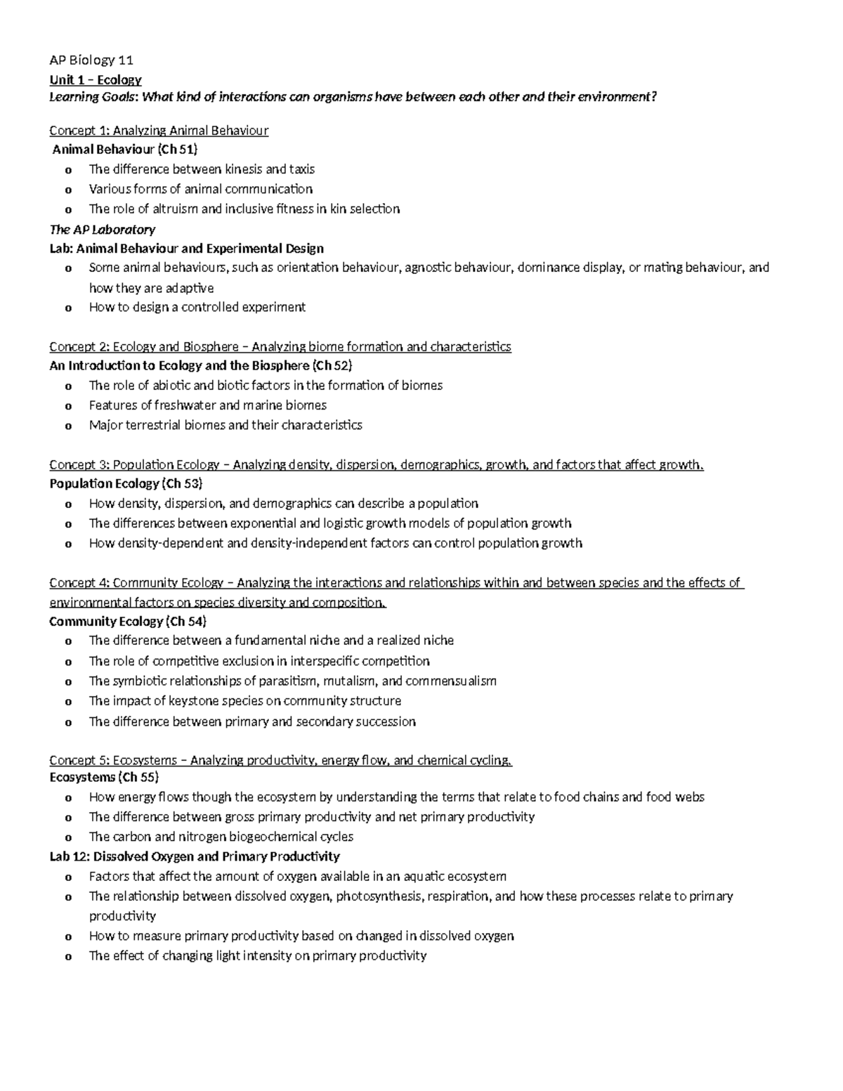 Ap biology 11 - ecology - goals and concepts - AP Biology 11 Unit 1 ...