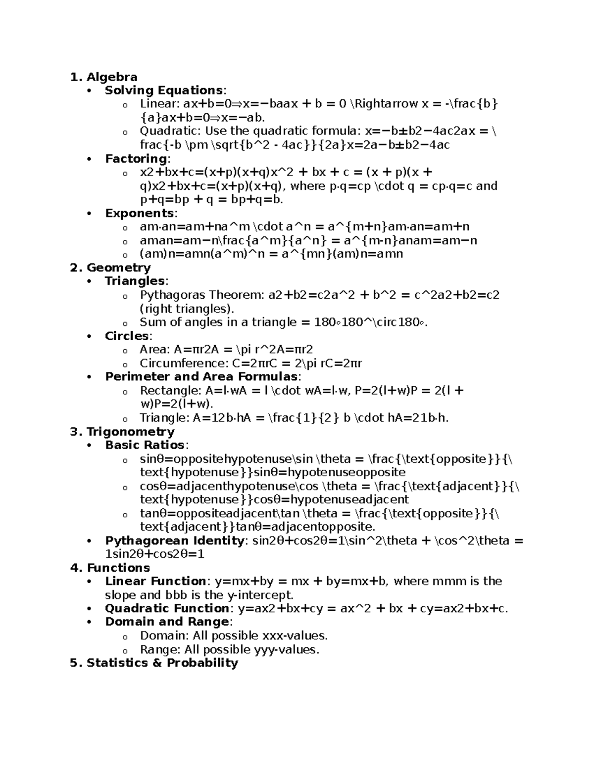 Calculus Notes - Algebra Solving Equations: o Linear: ax+b=0⇒x=−baax ...