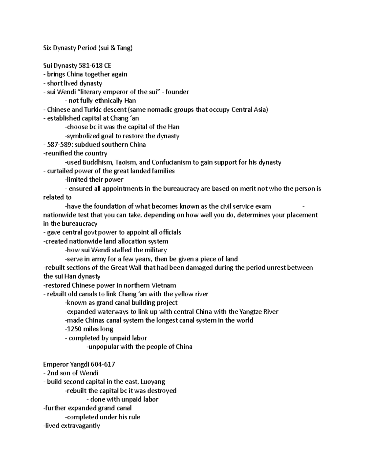 Sui and Tang Dynasty - world history 1311 - Six Dynasty Period (sui ...