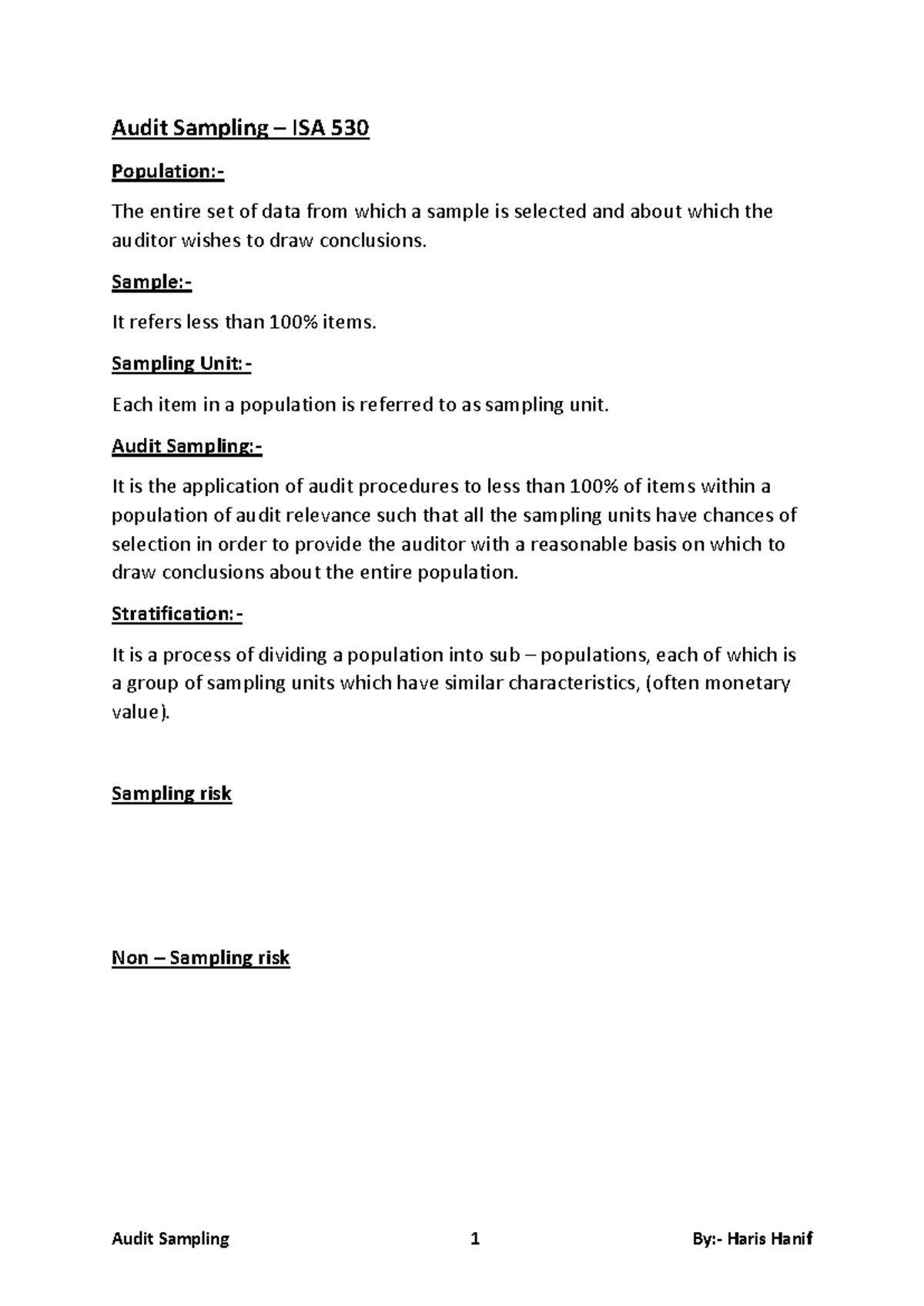 59) Audit Sampling - Audit Sampling – ISA 530 Population:- The entire ...
