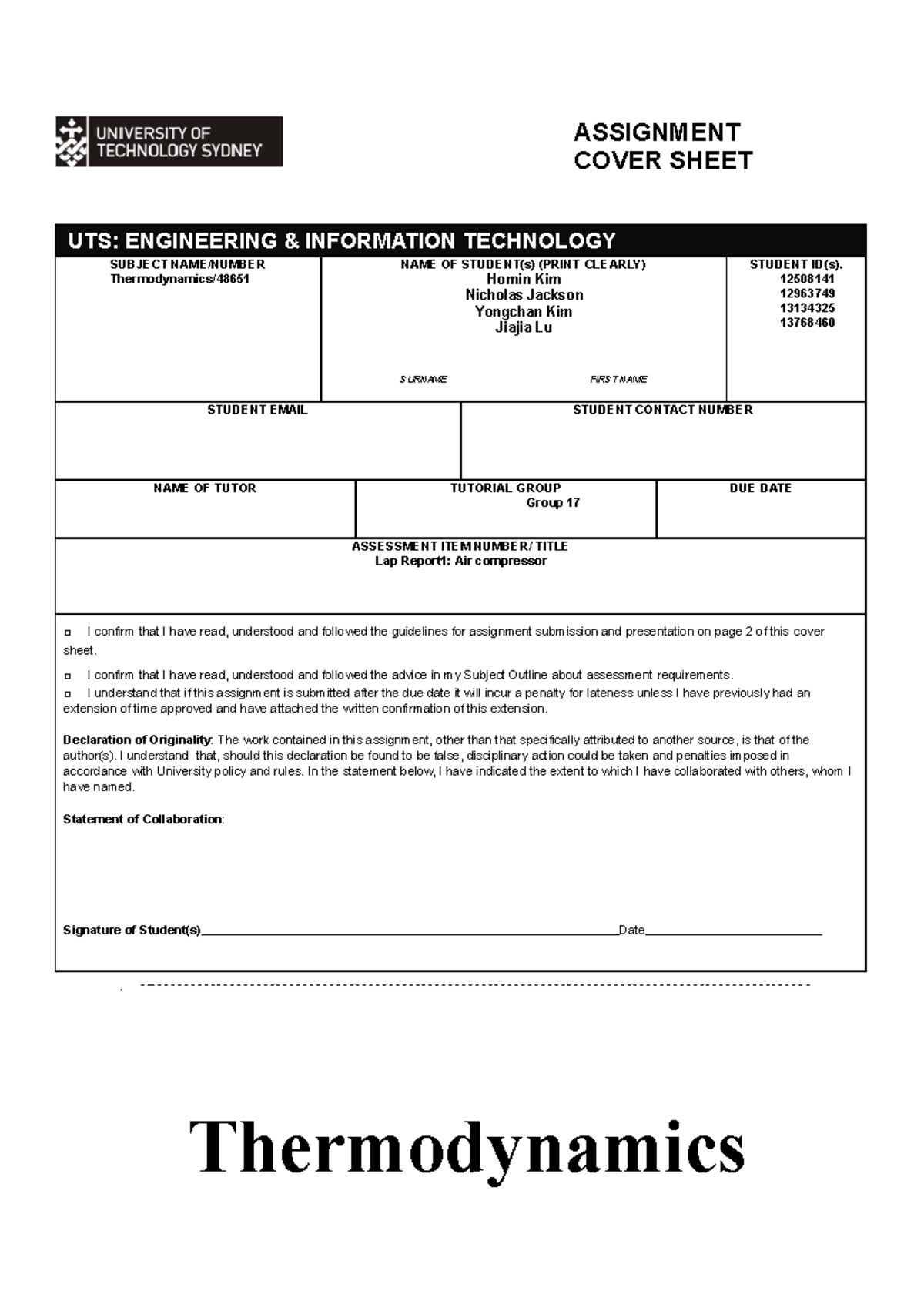 Thermo-Lap-Report 1 - 9/10 - ####### ASSIGNMENT ####### COVER SHEET UTS ...