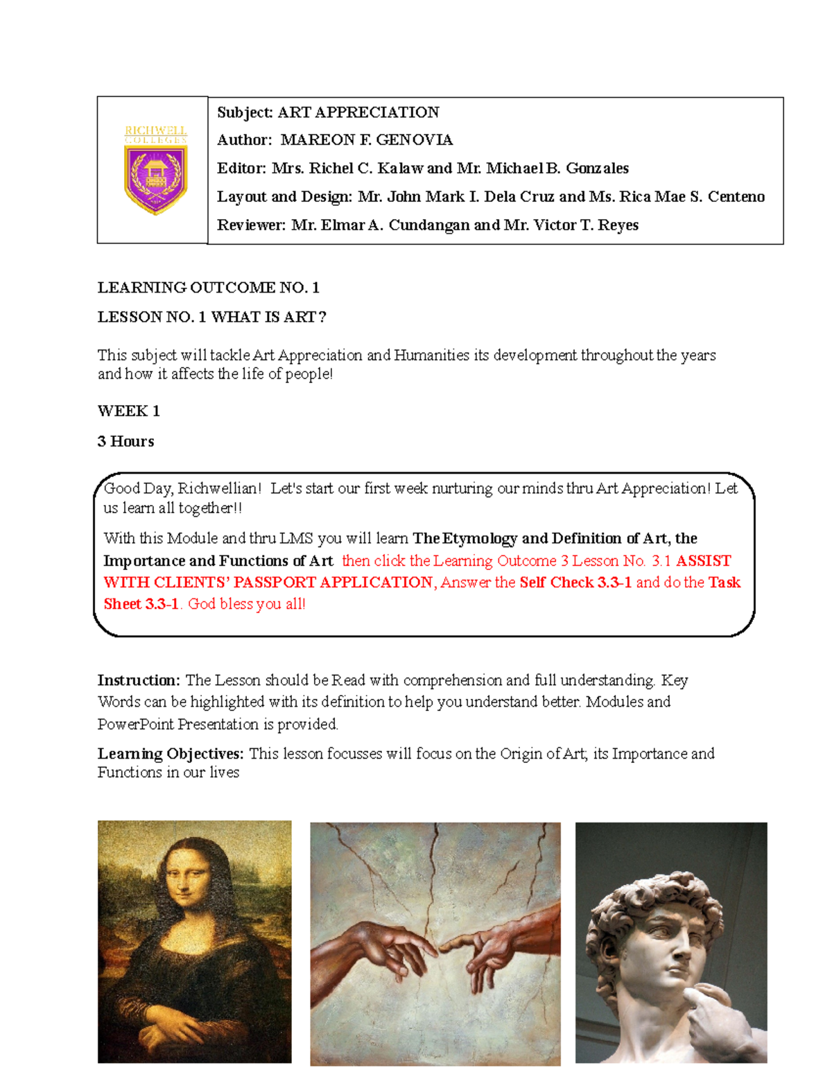 LOI1 WEEK1 1 Artappreciation - LEARNING OUTCOME NO. 1 LESSON NO. 1 WHAT ...