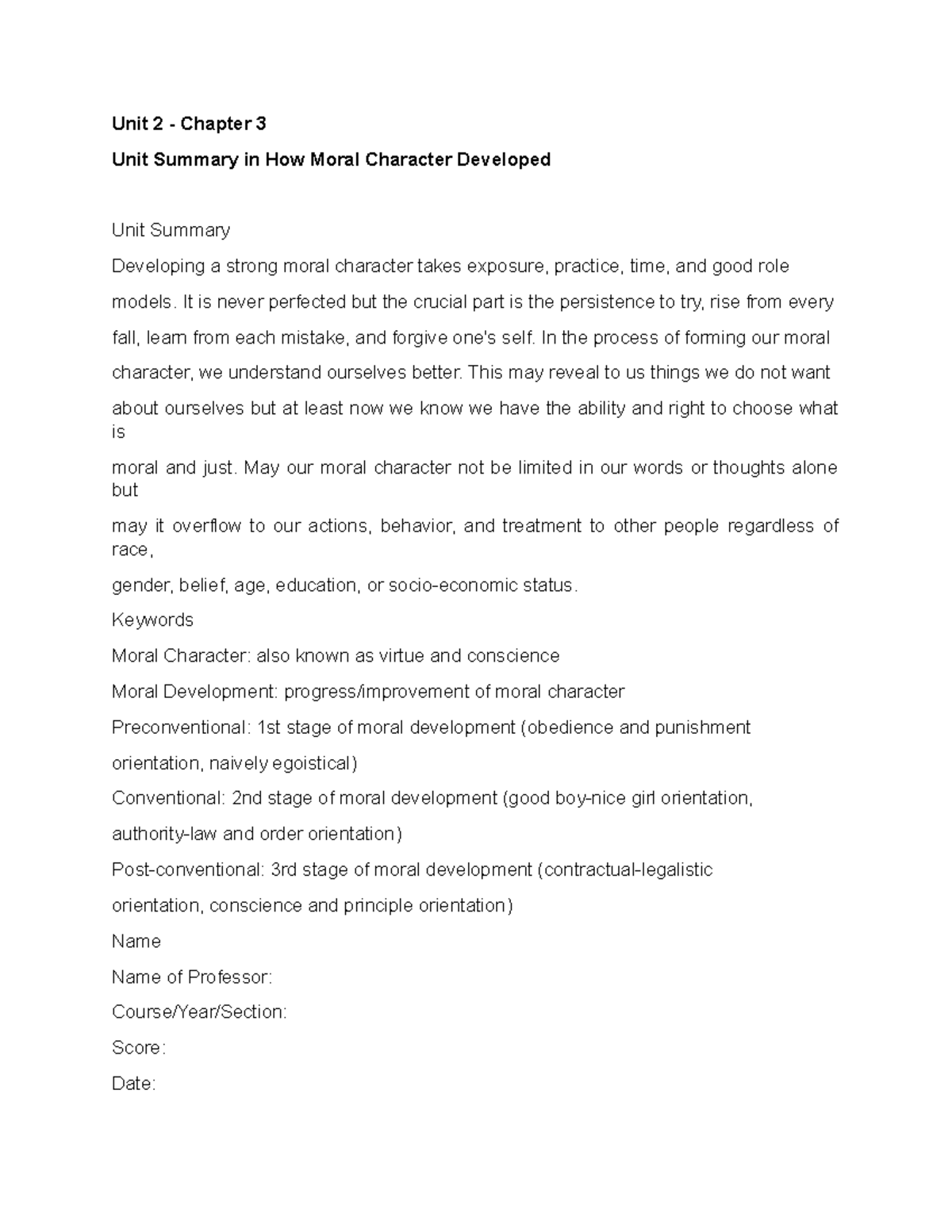 Chapter 3 Unit Summary in How Moral Character Developed - It is never ...