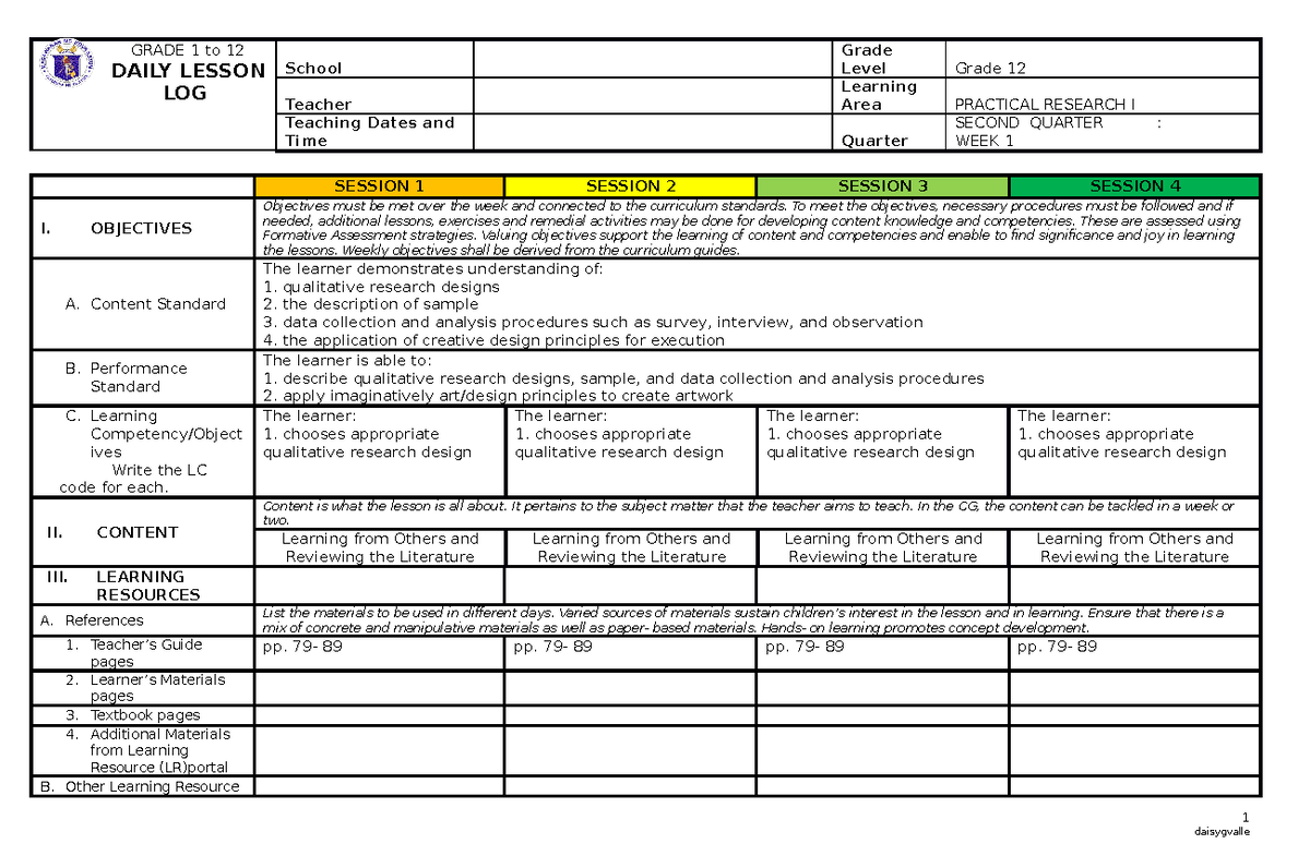 1 - Practical Research DLL - GRADE 1 to 12 DAILY LESSON LOG School ...