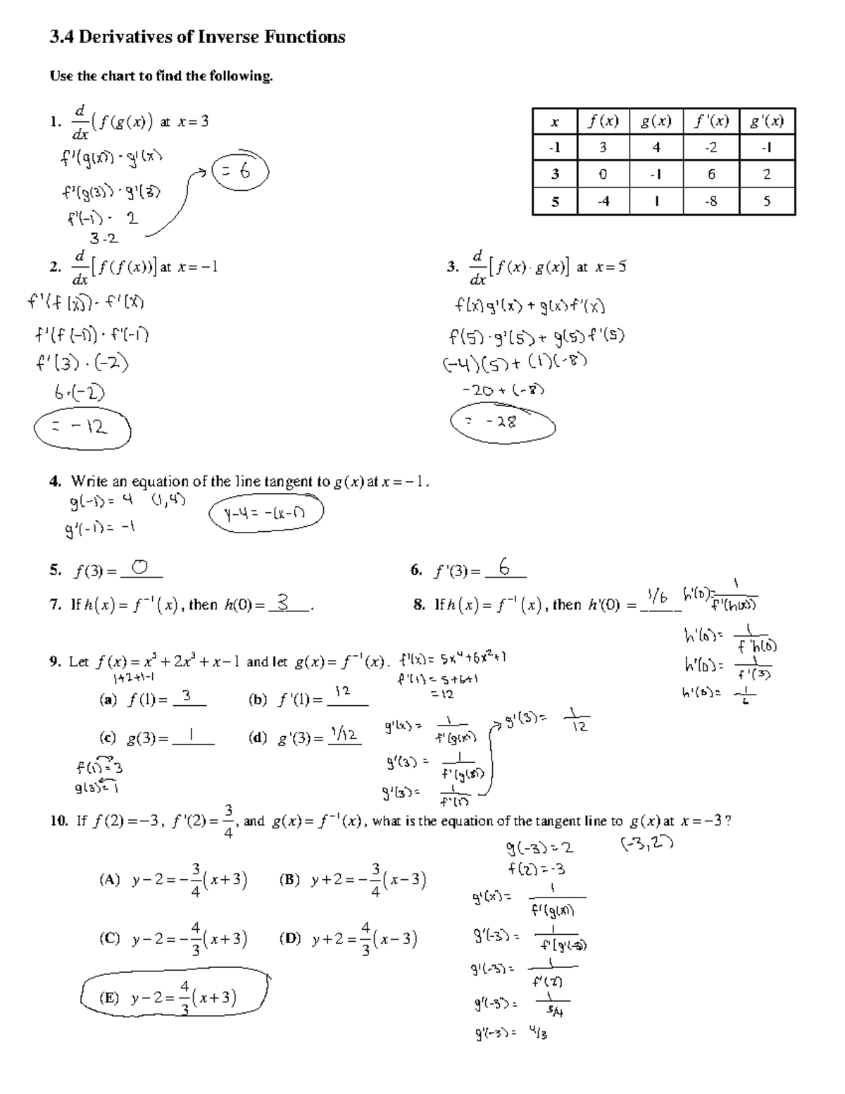 Math Calculus 3.4 Inverse Functions Wkst - 3 Derivatives of Inverse ...