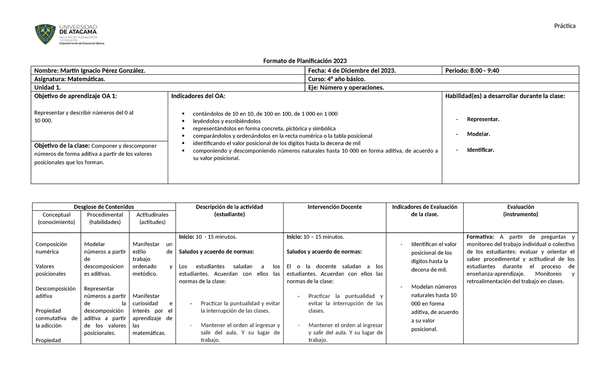 Planificación Matemáticas OA 1 Cuarto básico - Formato de Planificación ...