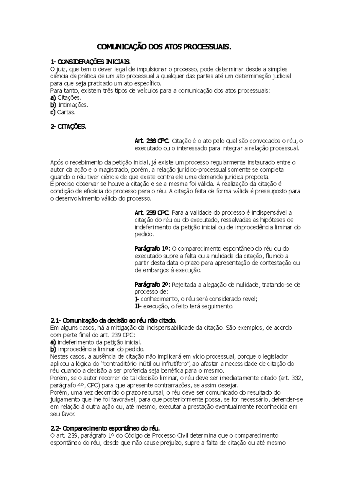Comunicação DOS ATOS Processuais - Processo Civil - COMUNICAÇÃO DOS ...