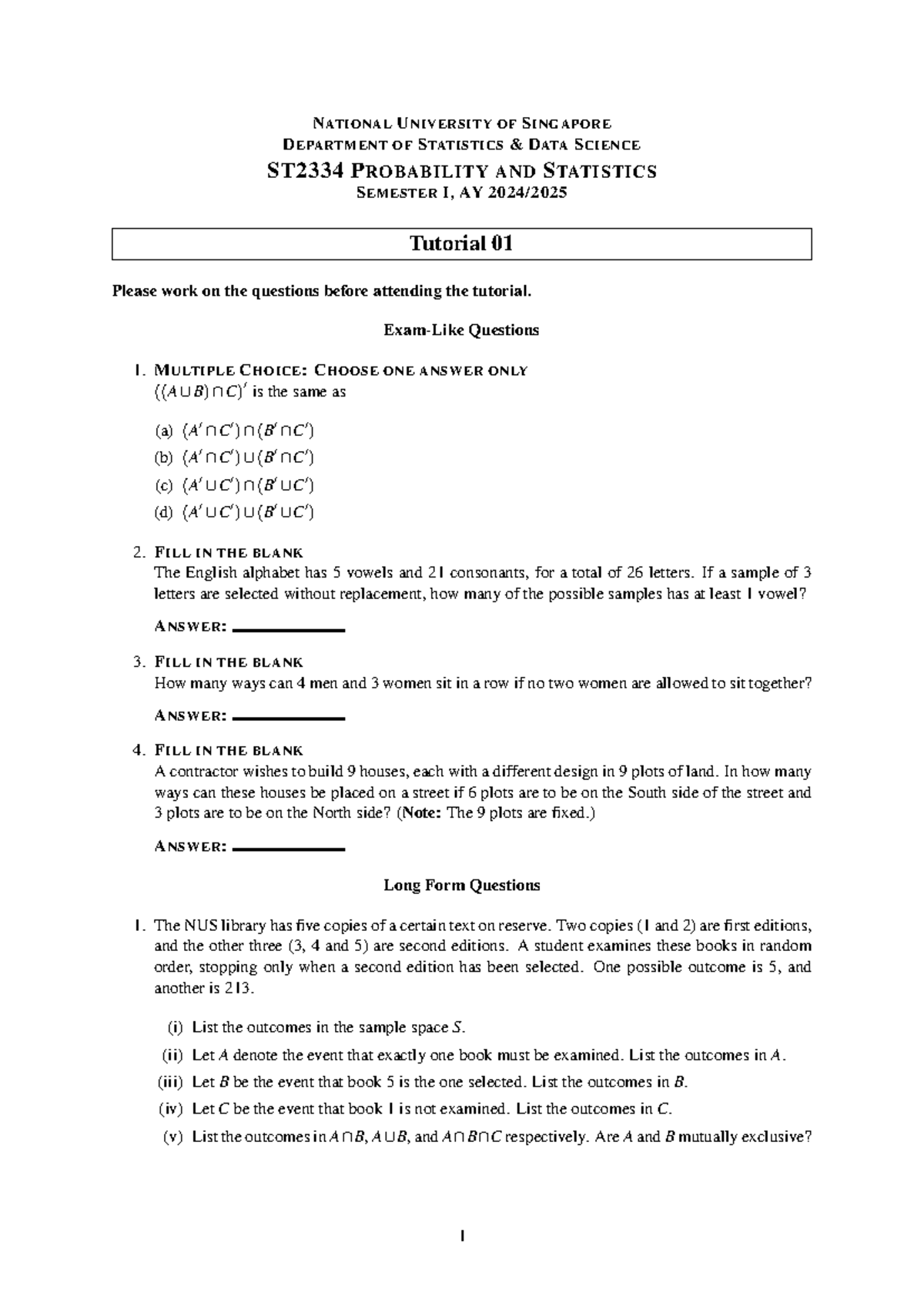 Tut01 - Tutorial 1 sheet - NATIONAL UNIVERSITY OF SINGAPORE DEPARTMENT ...