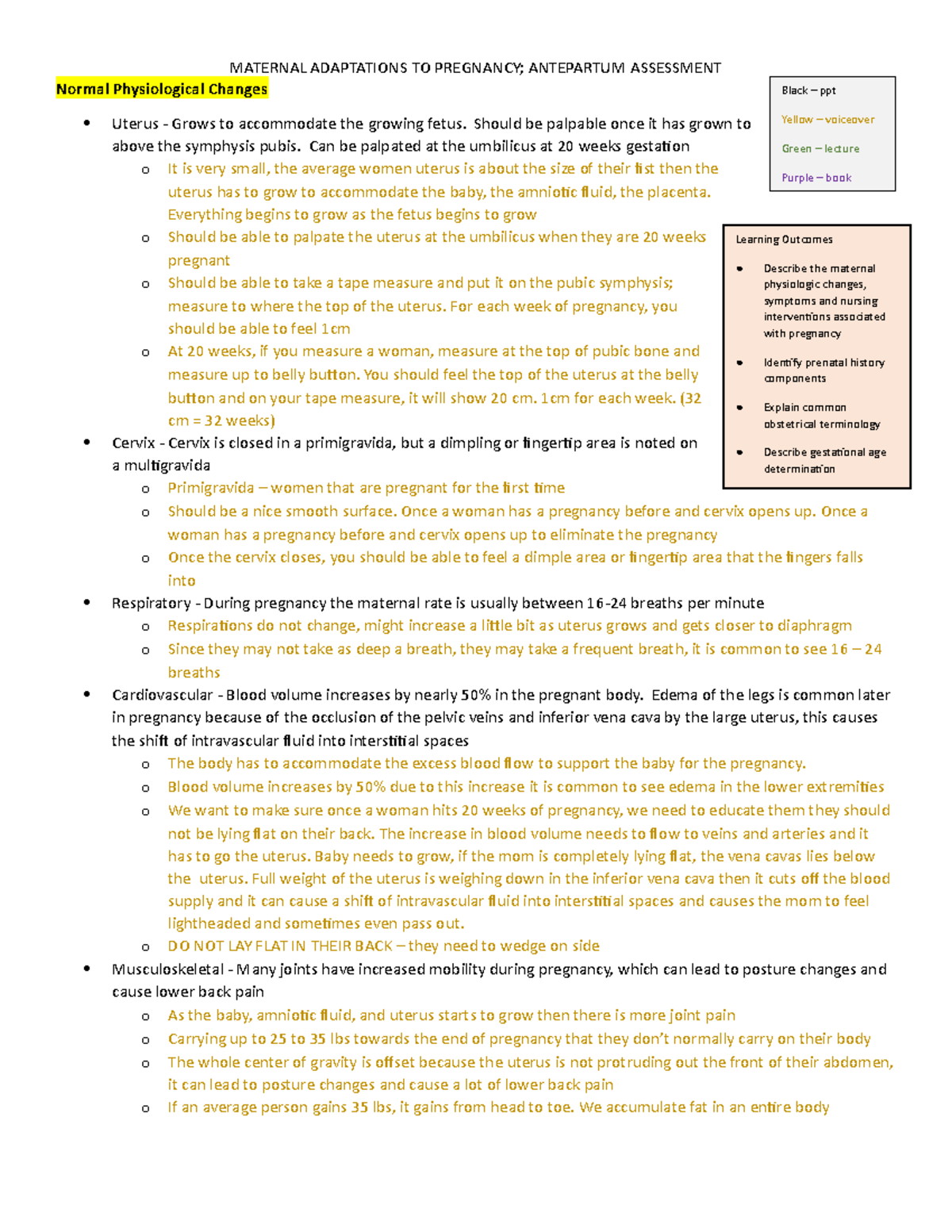 Maternal Adaptations to Pregnancy Antepartum Assesment - Normal ...