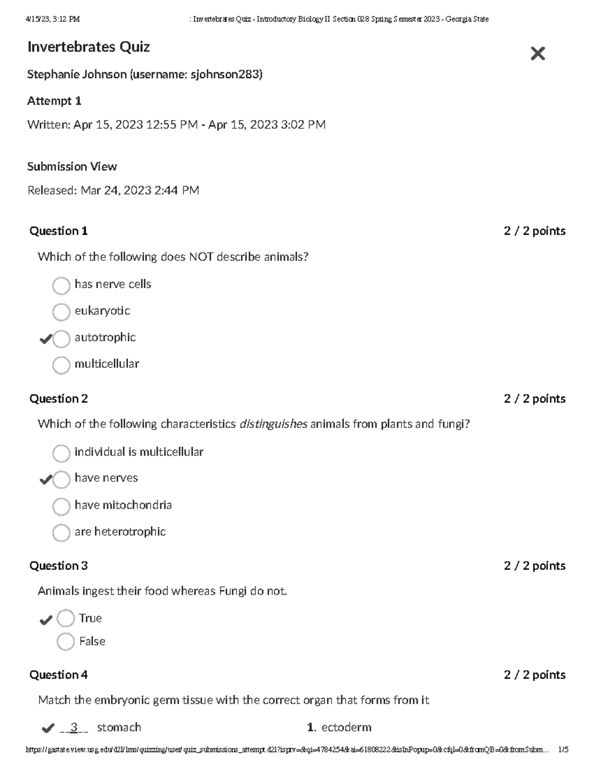 Invertebrates Quiz - Introductory Biology II Section 028 Spring ...