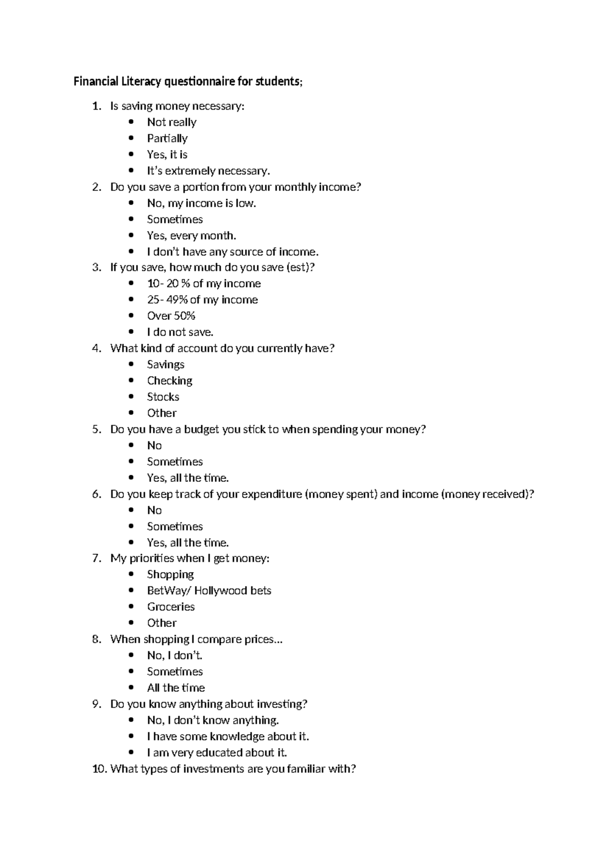 Financial Literacy questionnaire for students - Is saving money ...