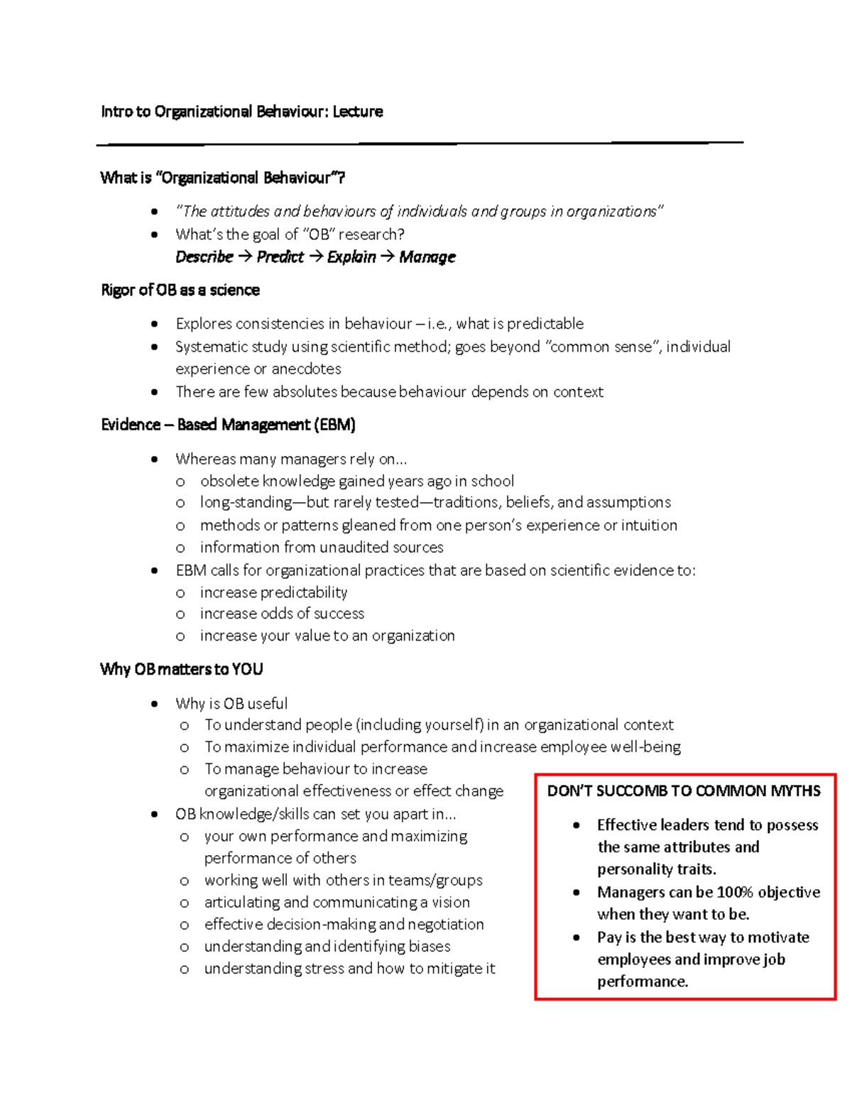 OB exam review midterm - Intro to Organizational Behaviour: Lecture ...