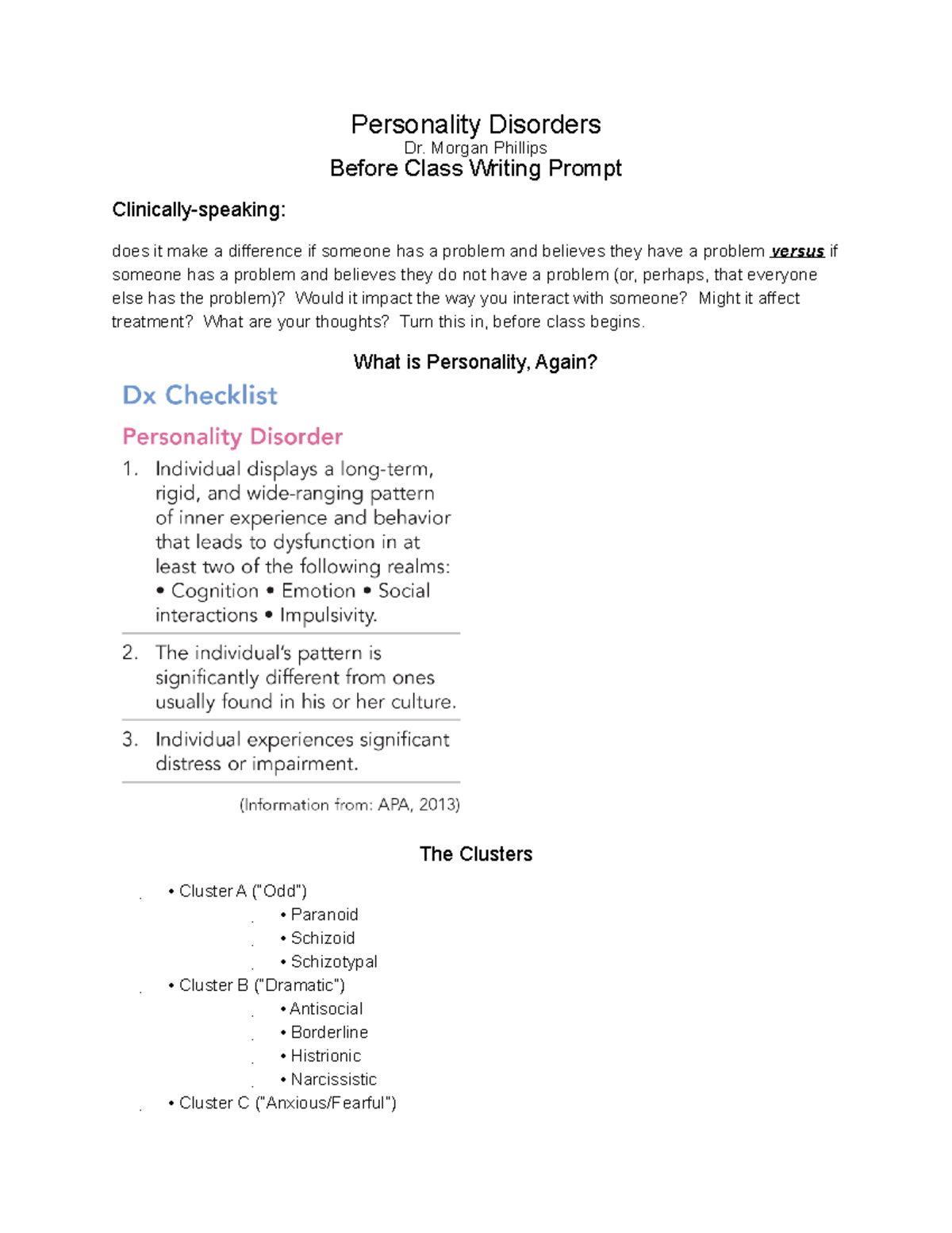 Personality Disorders - Morgan Phillips Before Class Writing Prompt ...