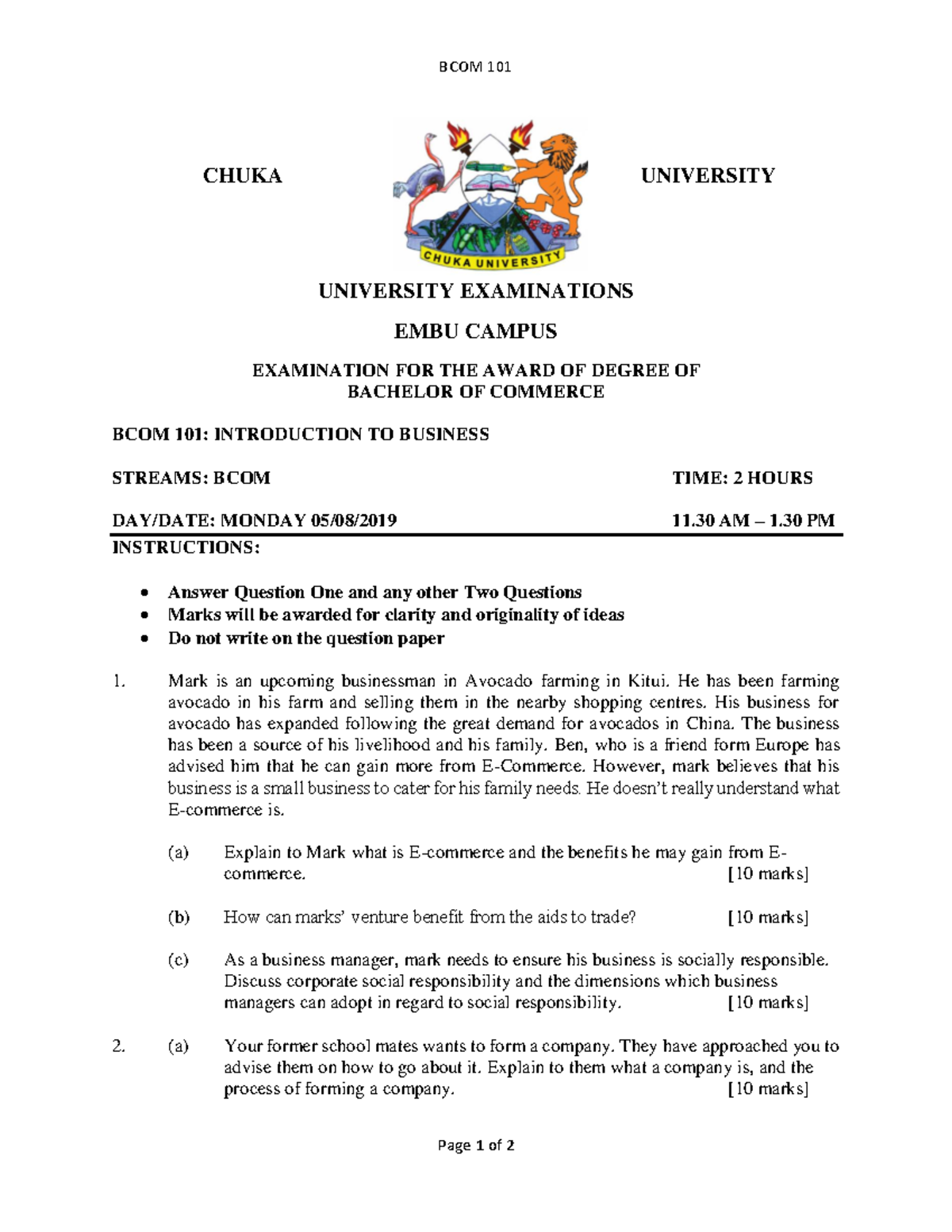 BCOM 101 - Lecture note - BCOM 101 Page 1 of 2 CHUKA UNIVERSITY UNIVERSITY EXAMINATIONS EMBU ...