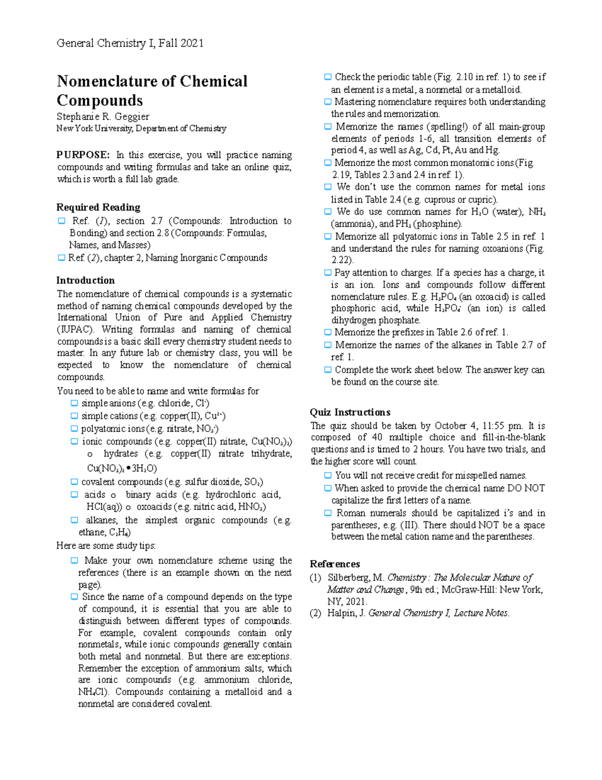 Gen Chem Experiment #4 - General Chemistry I, Fall 2021 Nomenclature of ...