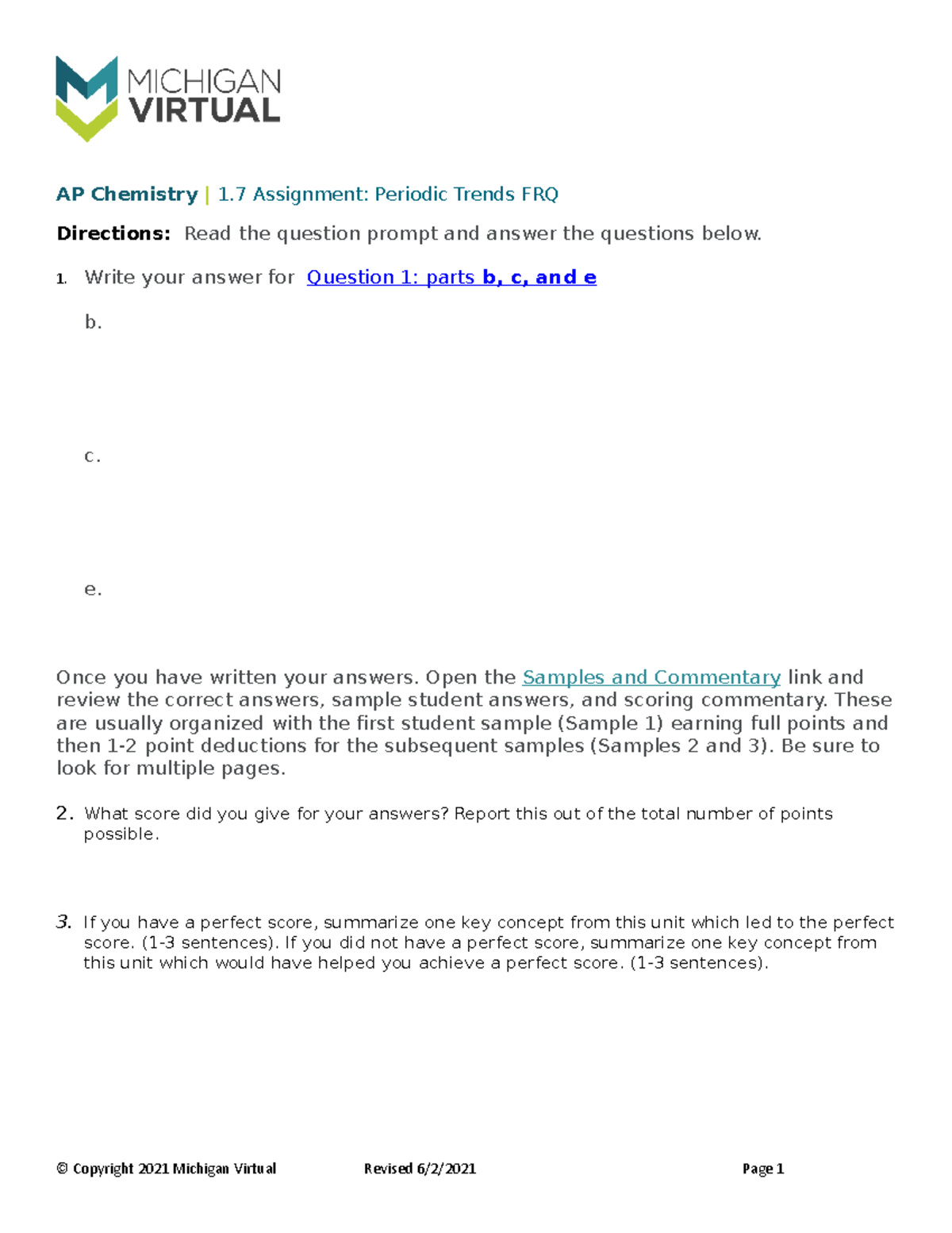 1 - assigment - AP Chemistry | 1 Assignment: Periodic Trends FRQ ...