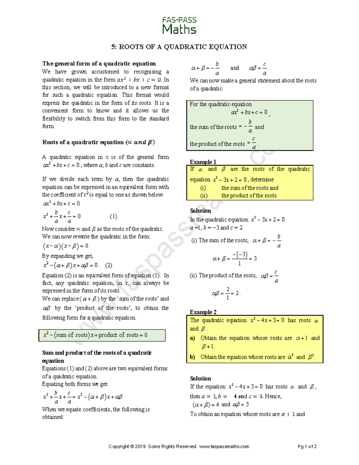 AMSG.05.Roots of Quadratics - faspassmaths 5: ROOTS OF A QUADRATIC ...
