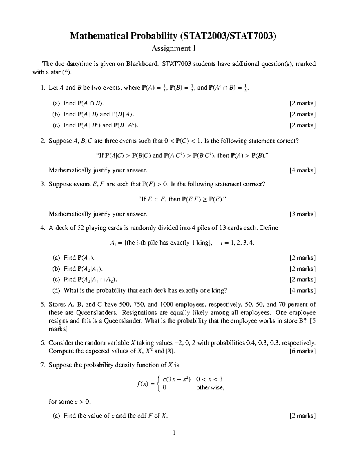 Ass1 2024 - Mathematical Probability (STAT2003/STAT7003) Assignment 1 The due date/time is given ...