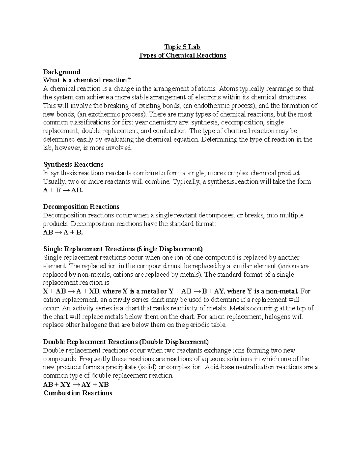 Lab - Types of Chemical Reactions - Topic 5 Lab Types of Chemical ...