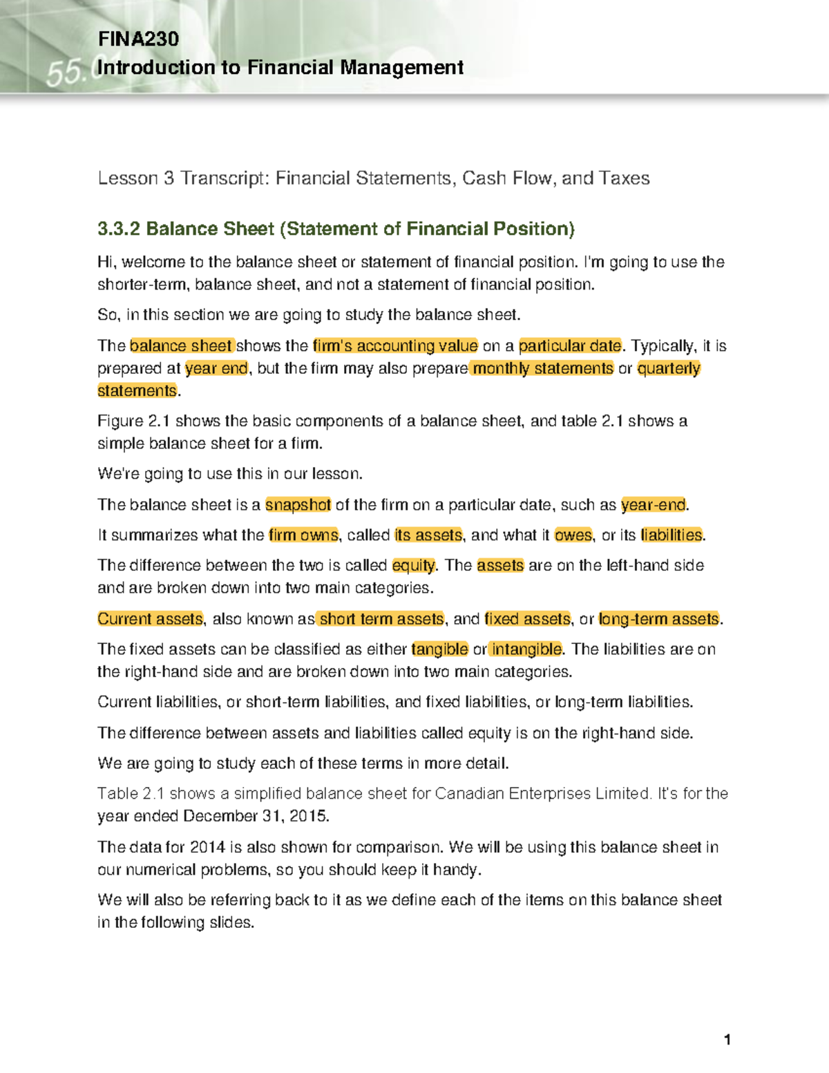 FINA230 Lesson 03 03 02 transcript - Introduction to Financial ...