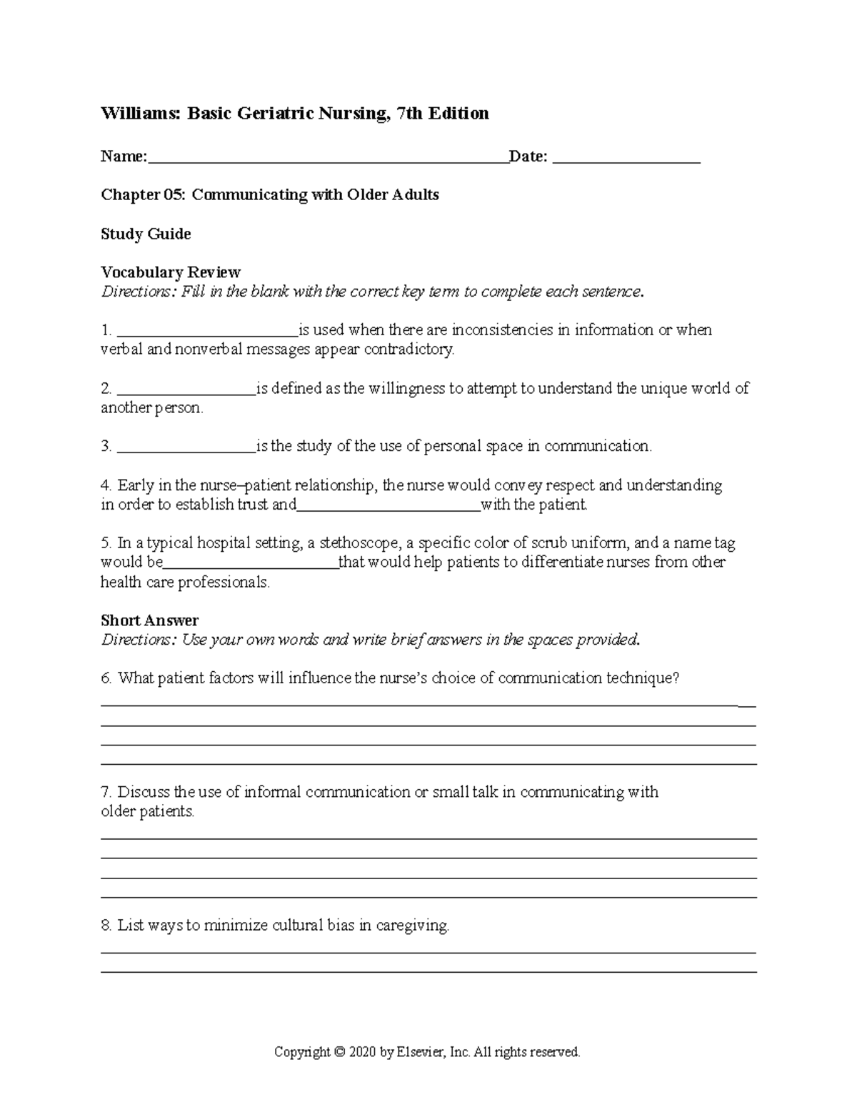 Chapter 005 SG - 2021 - Williams: Basic Geriatric Nursing, 7th Edition ...