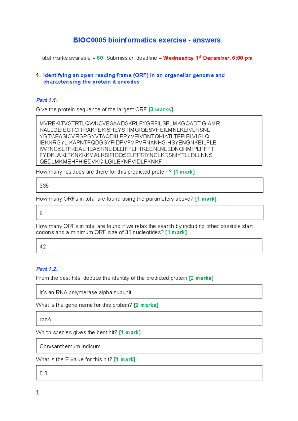 Bioinformatics answer sheet - BIOC0005 bioinformatics exercise ...
