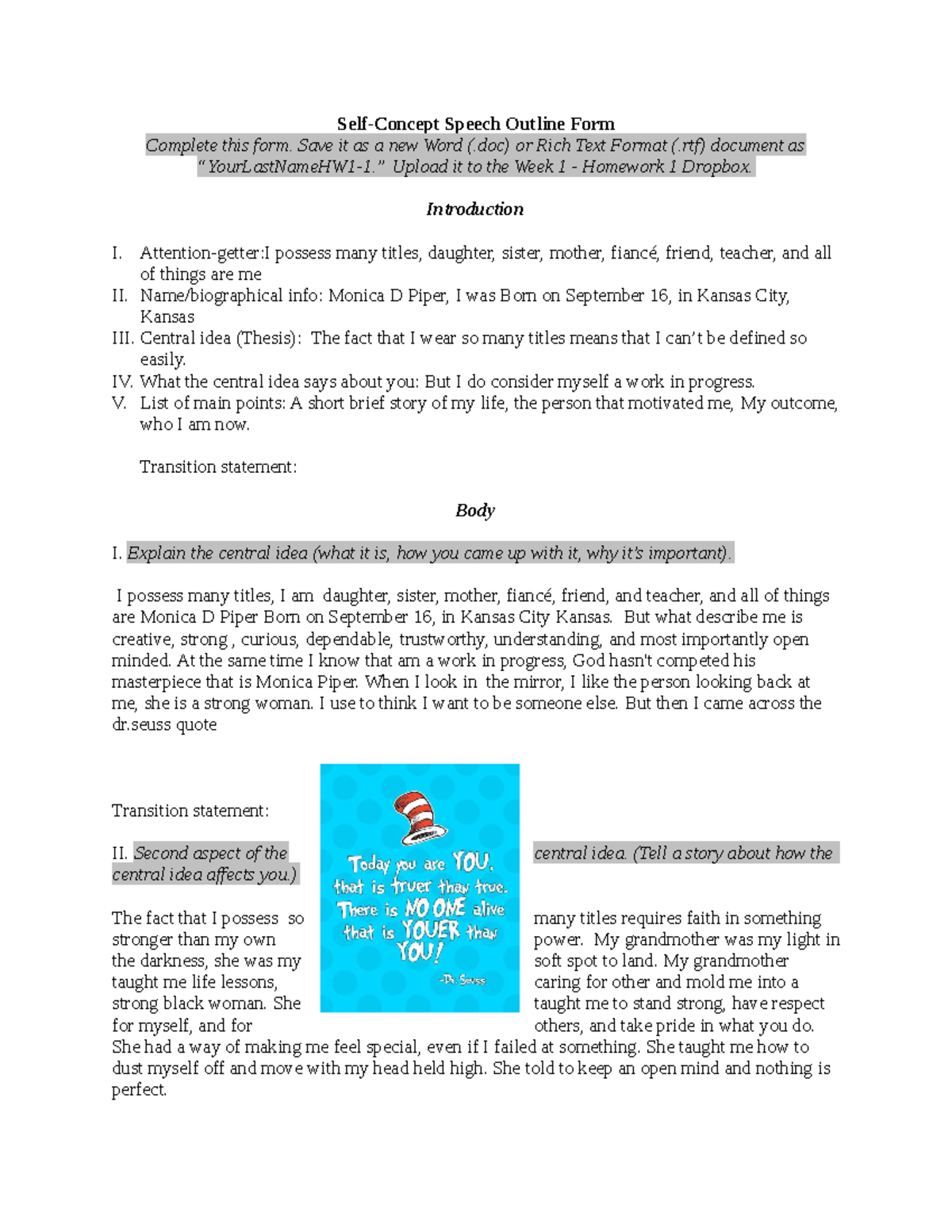 Piper HW 1-1 - Notes - Self-Concept Speech Outline Form Complete this ...