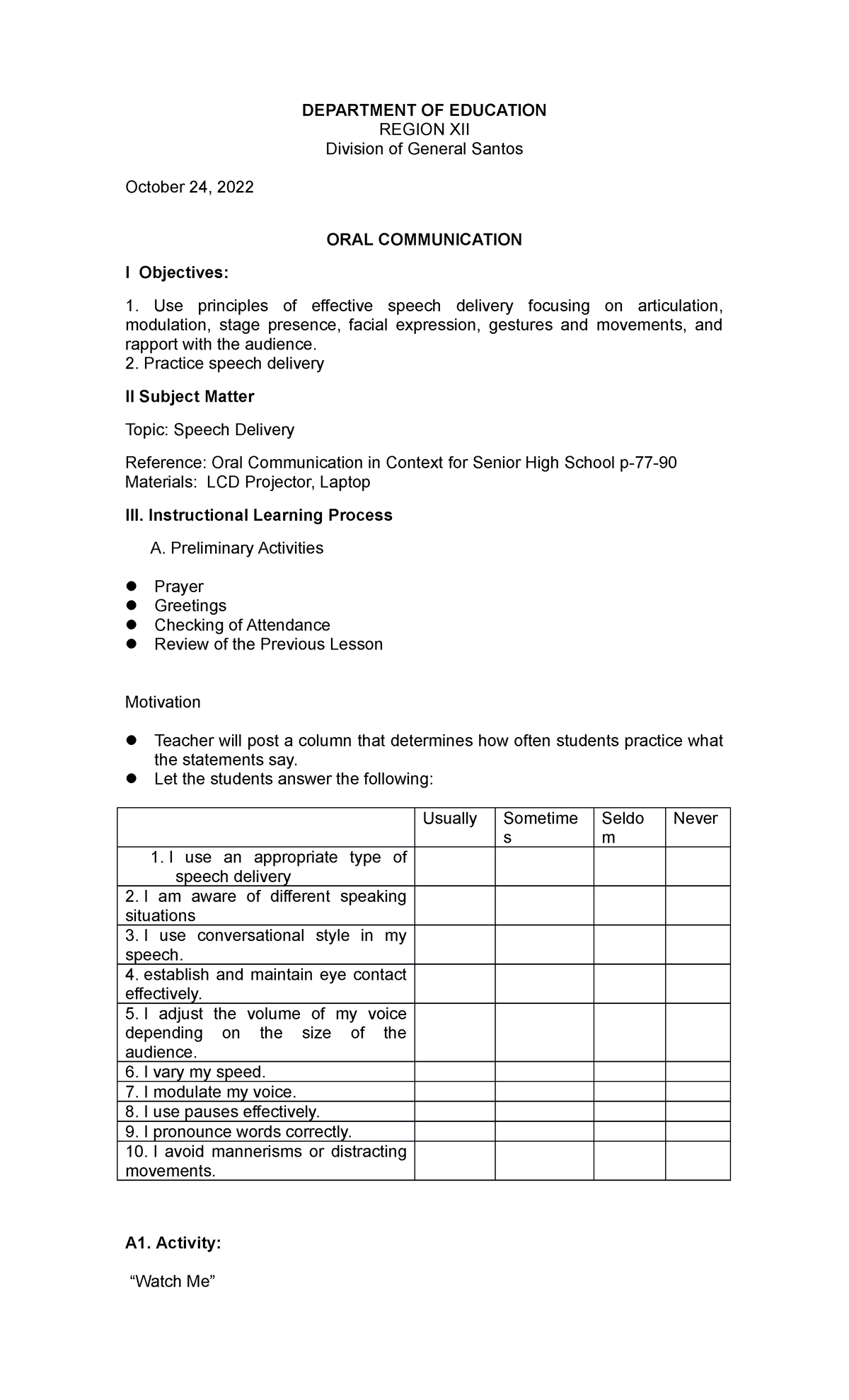 Oral com LP Oct 24 - Oral communication topic - DEPARTMENT OF EDUCATION ...
