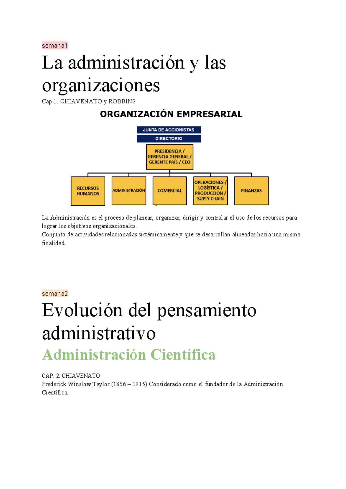 Resumen fundamentos de administración - semana La administración y las ...