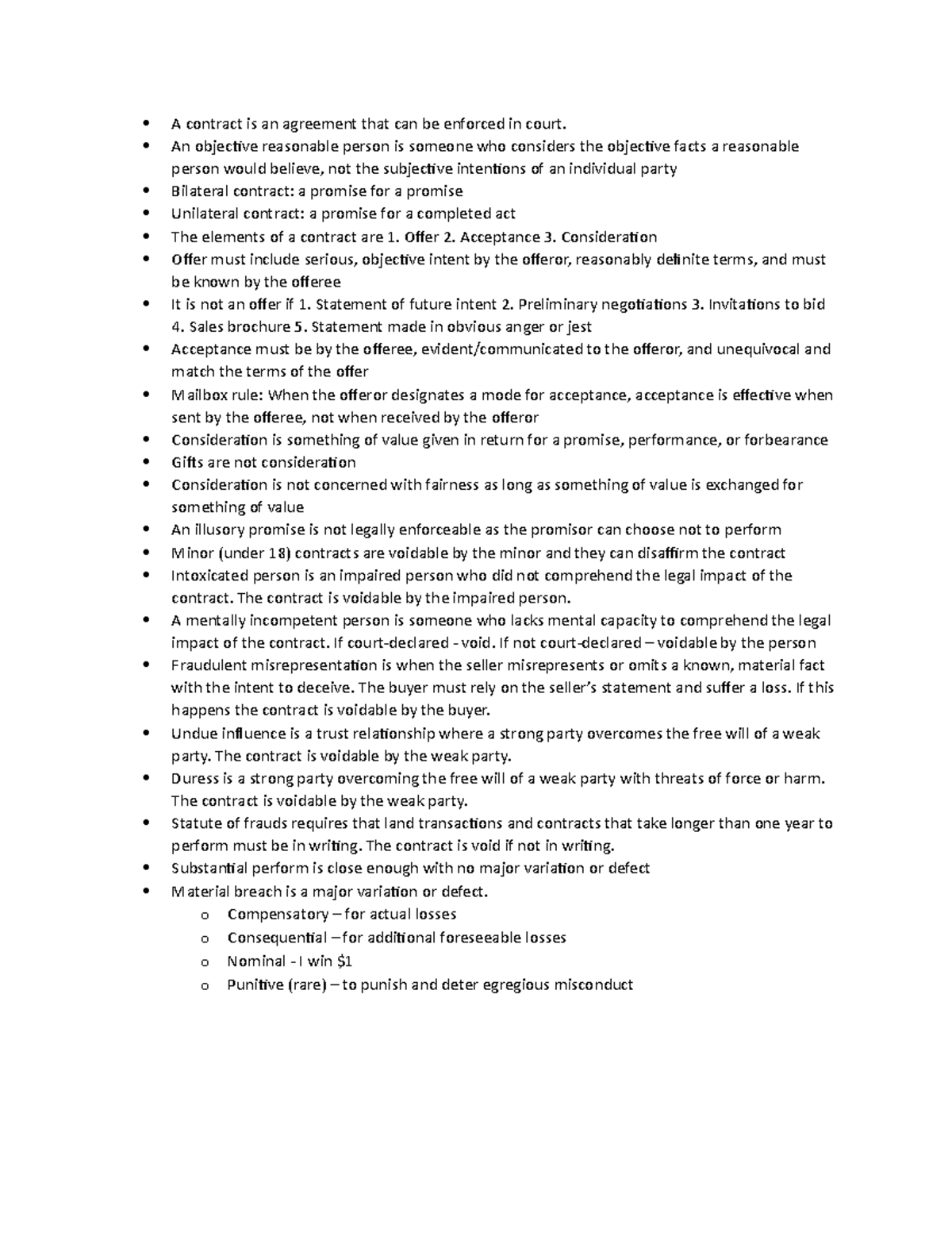 Exam 2 Notes - A contract is an agreement that can be enforced in court ...