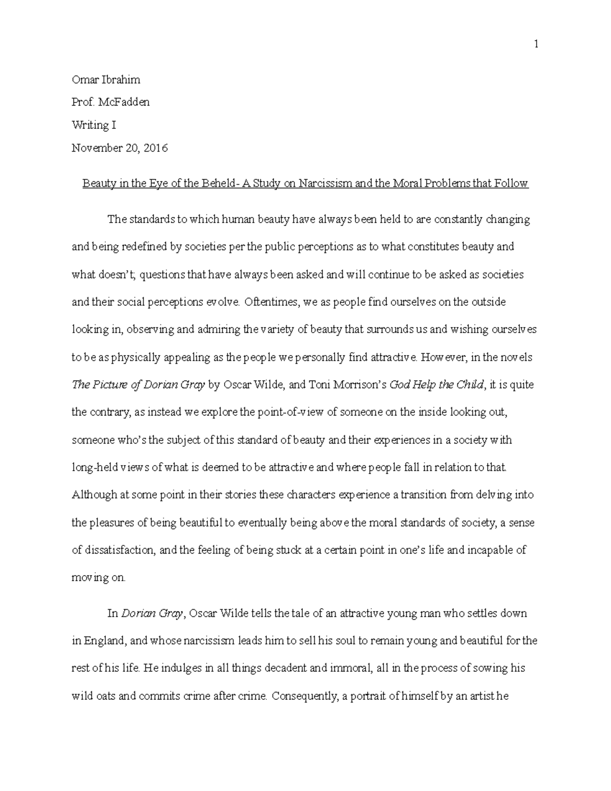 Critical Analysis Essay- Picture of Dorian Gray & God Help the Child ...