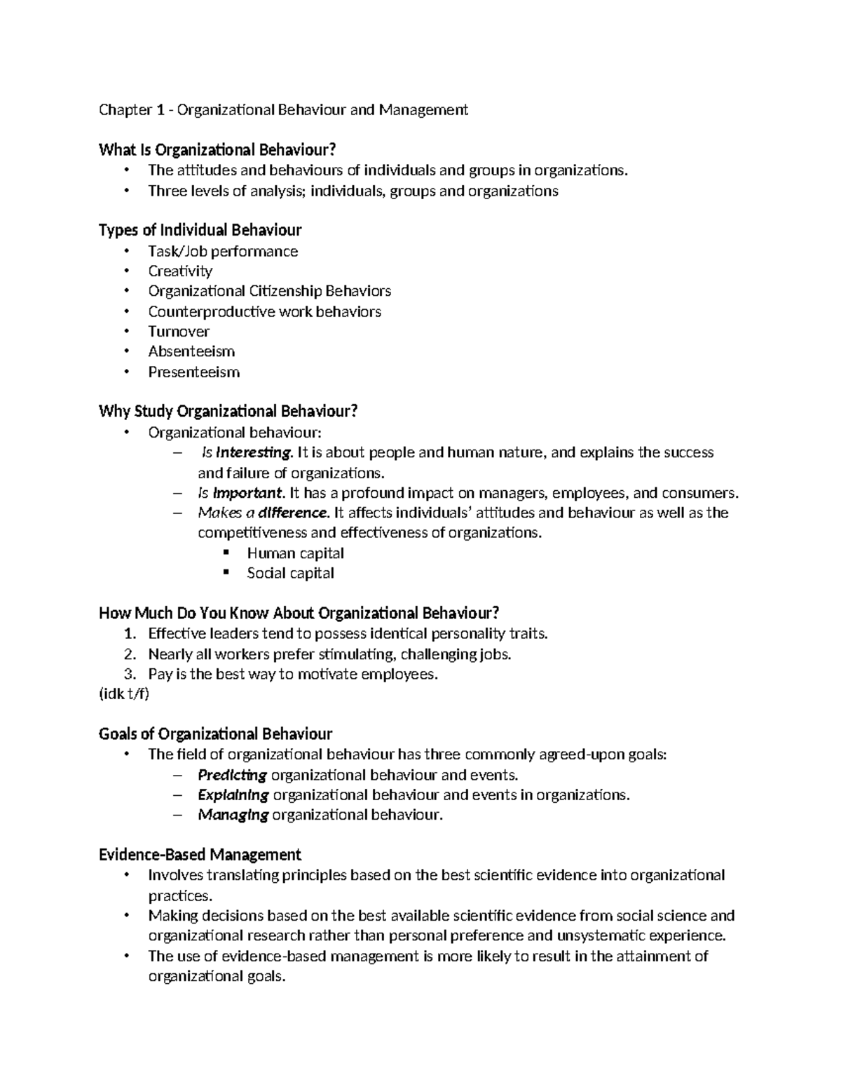 Chapter 1 - notes - Chapter 1 - Organizational Behaviour and Management ...