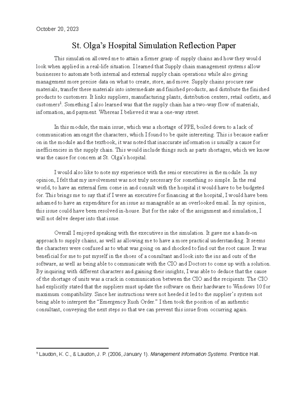 Simulation A St. Olga's Hospital - October 20, 2023 St. Olga’s Hospital ...