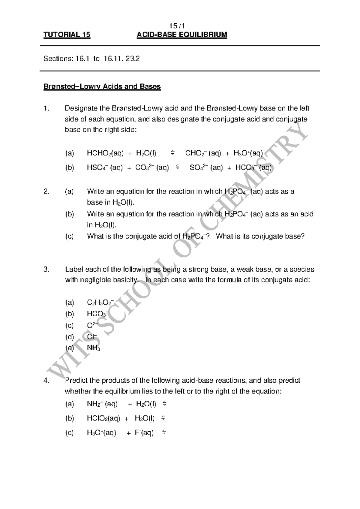 TUT15 acid-base eqlm - chem1012A tutorial - TUTORIAL 1 5 ACID-BASE EQUILIBRIUM Sections: 16 to ...