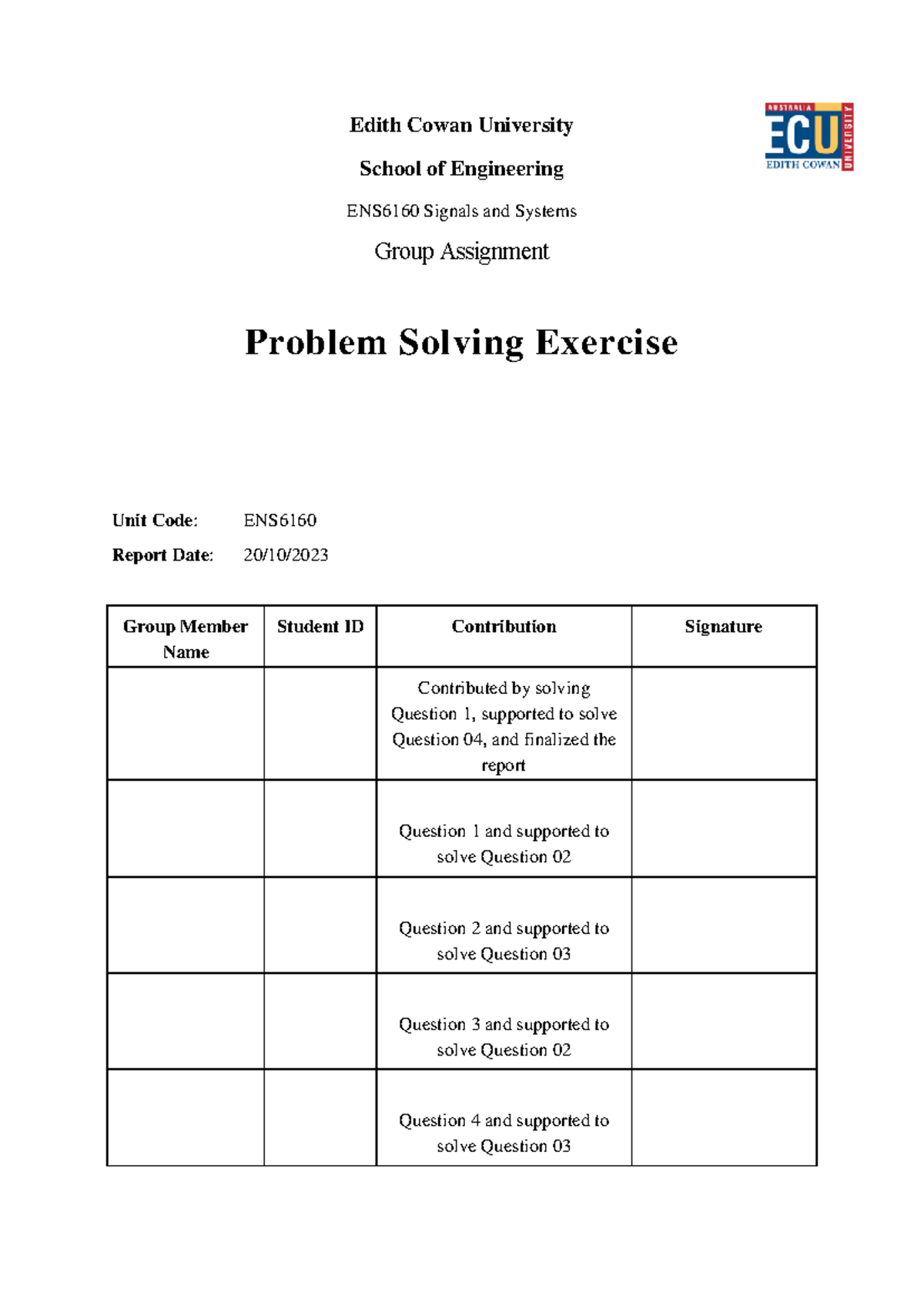 ENS6160 Problem Solving Exercise - Edith Cowan University School of Engineering ENS6160 Signals ...