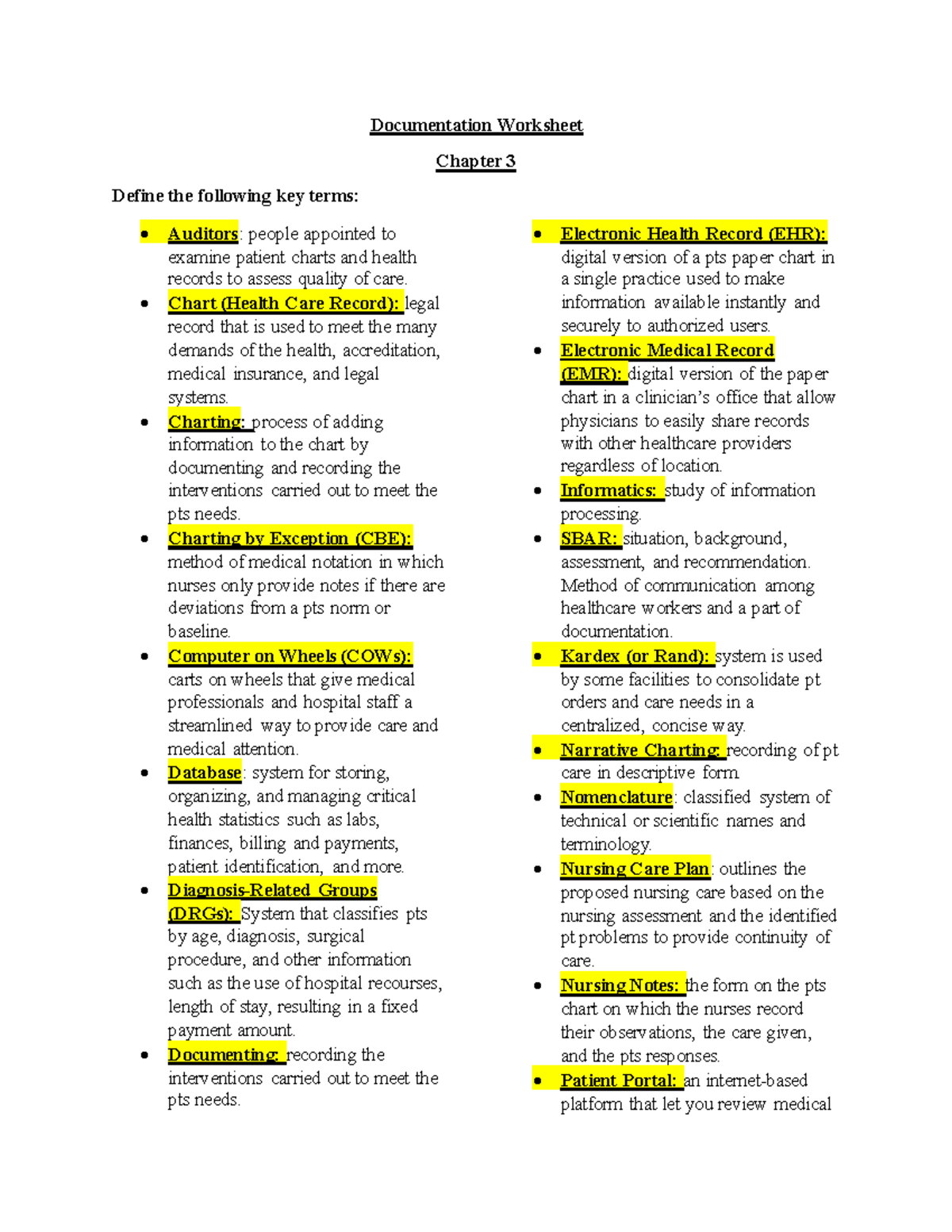 Documentation Worksheet - Documentation Worksheet Chapter 3 Define the ...