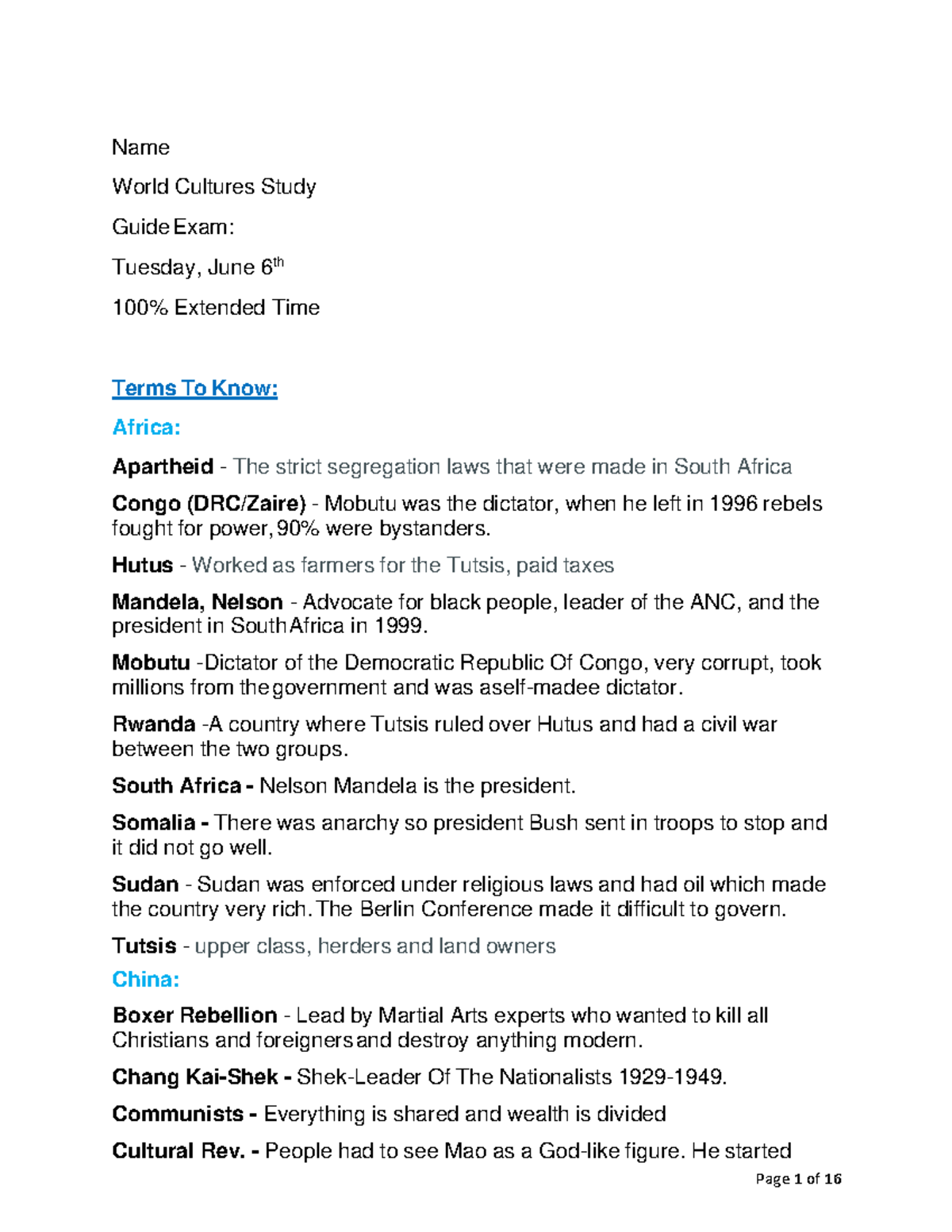 World Psychosocial Cultures Study Guide - Name World Cultures Study ...