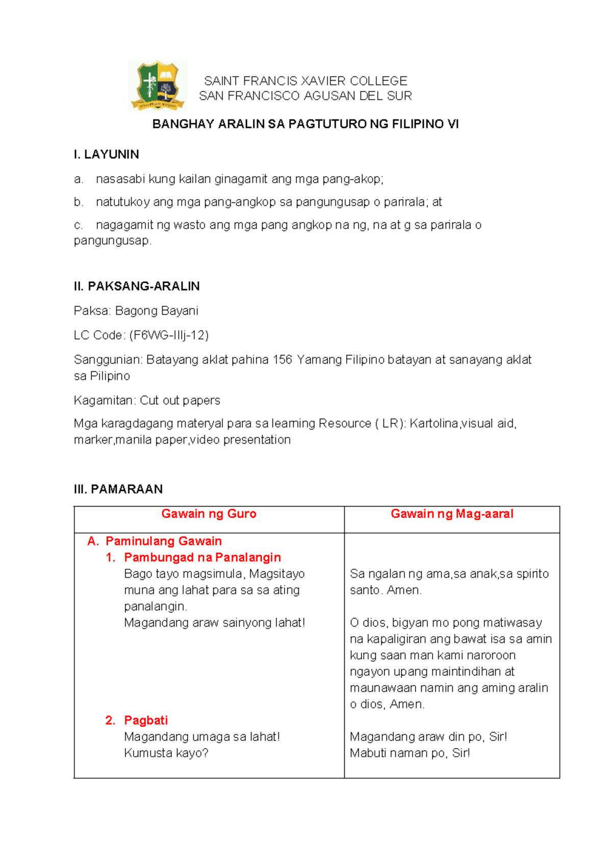 Detailed LP in Filipino Elective Split - SAINT FRANCIS XAVIER COLLEGE ...