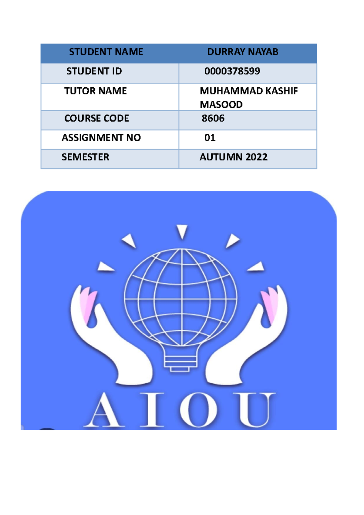 8606 1st Assignment - STUDENT NAME DURRAY NAYAB STUDENT ID 0000378599 TUTOR NAME MUHAMMAD KASHIF ...