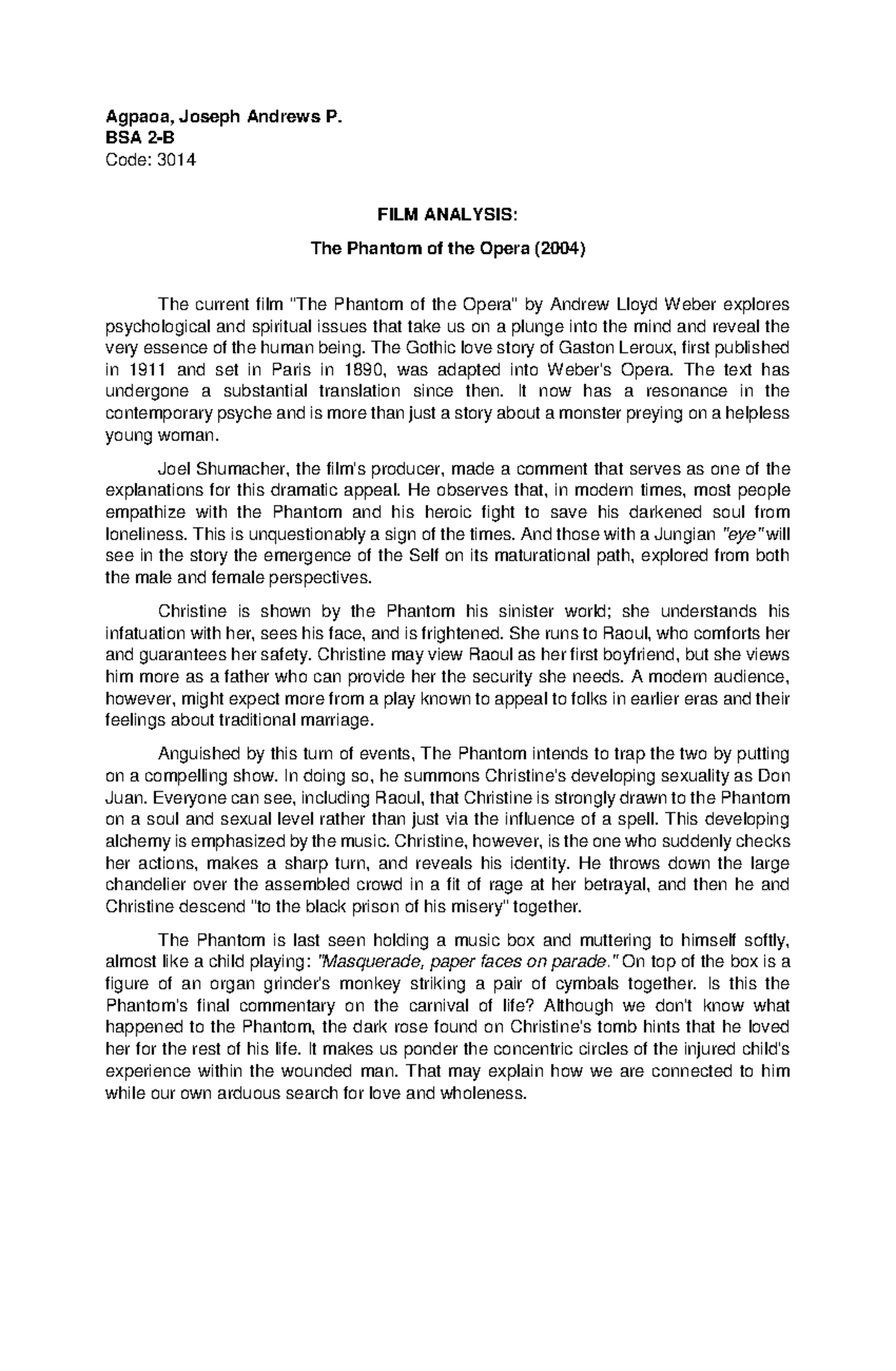 Phantom of the Opera Analysis - Agpaoa, Joseph Andrews P. BSA 2-B Code ...