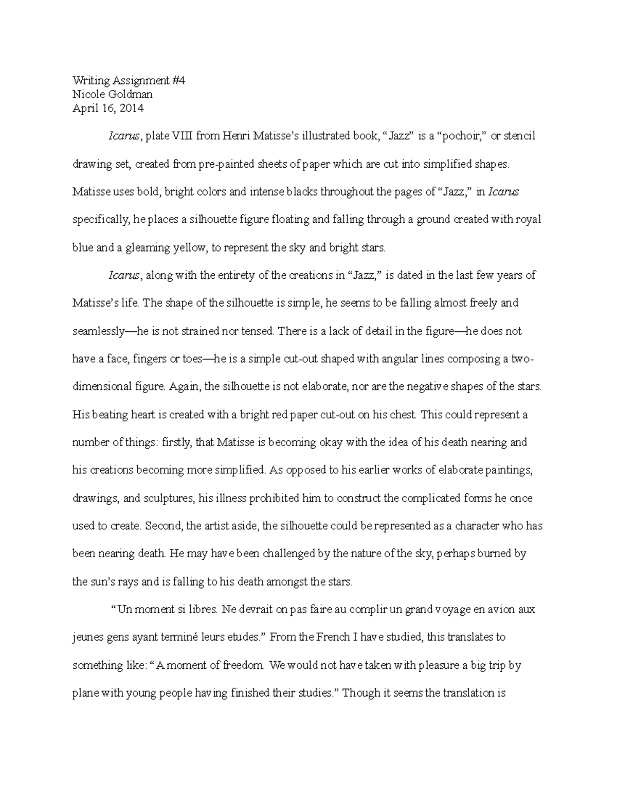 Writing Assignment #4 - Matisse uses bold, bright colors and intense ...