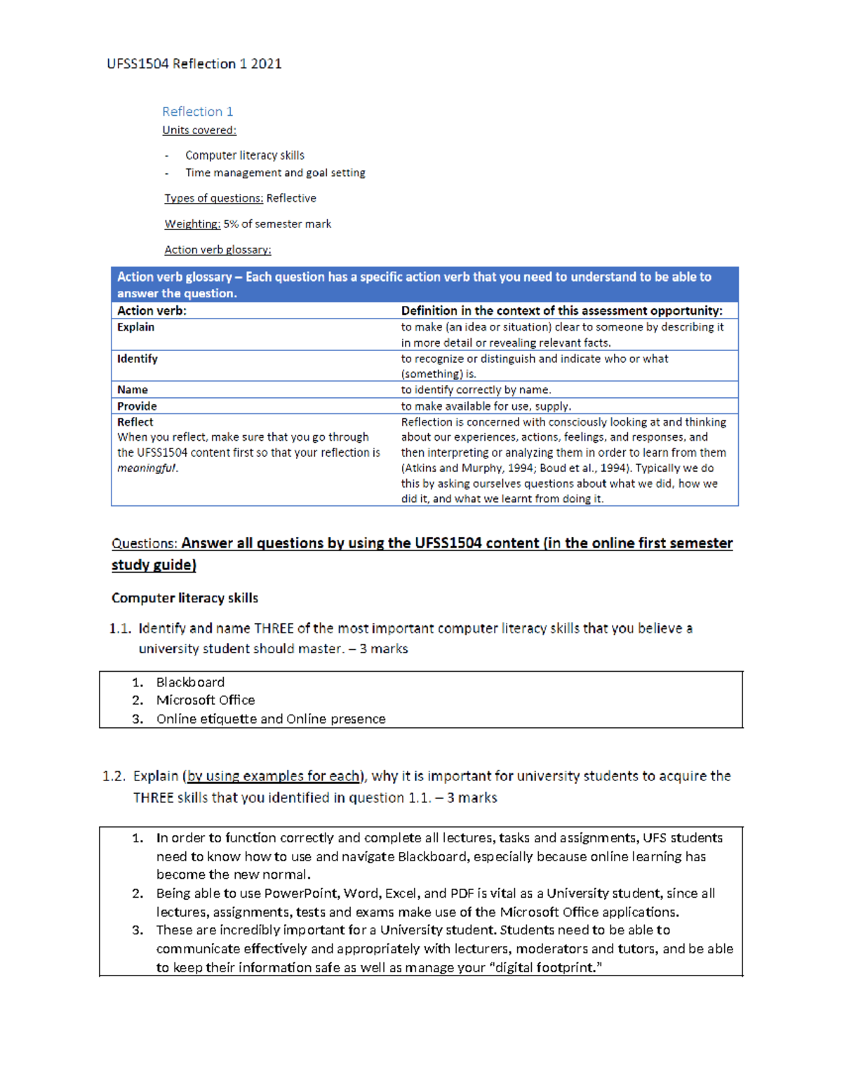 Reflection 1 worksheet 2021 - Blackboard Microsoft Office Online ...