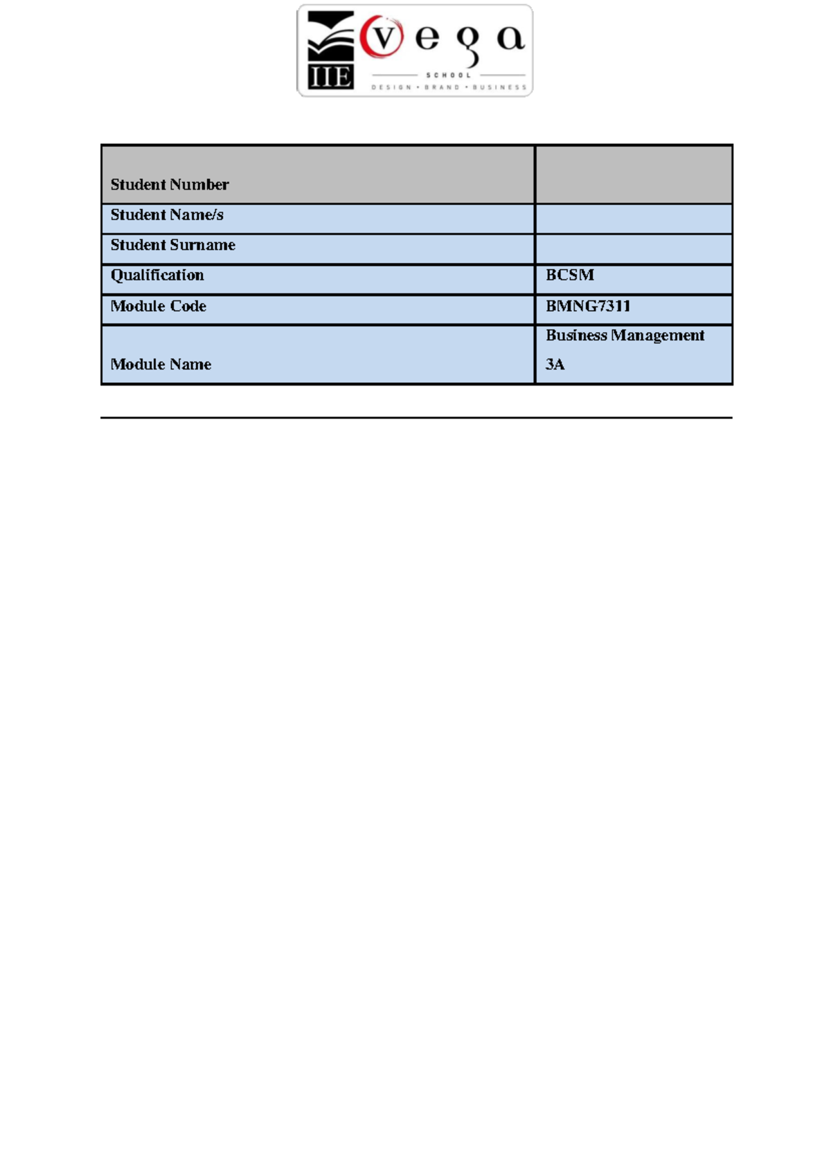 Assignment 1 - BMNG7311 - Student Number Student Name/s Student Surname Qualification BCSM ...